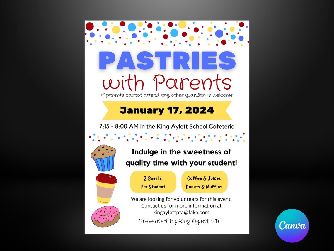 Pastries With Parents Flyer Canva Template - Customizable for PTA PTO ...