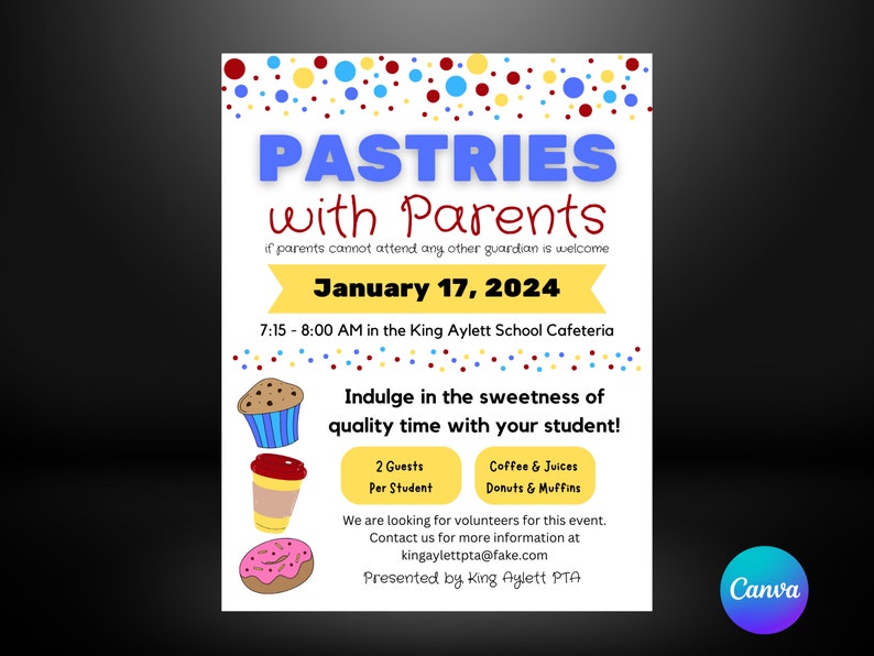 Pastries With Parents Flyer Canva Template - Customizable for PTA PTO ...
