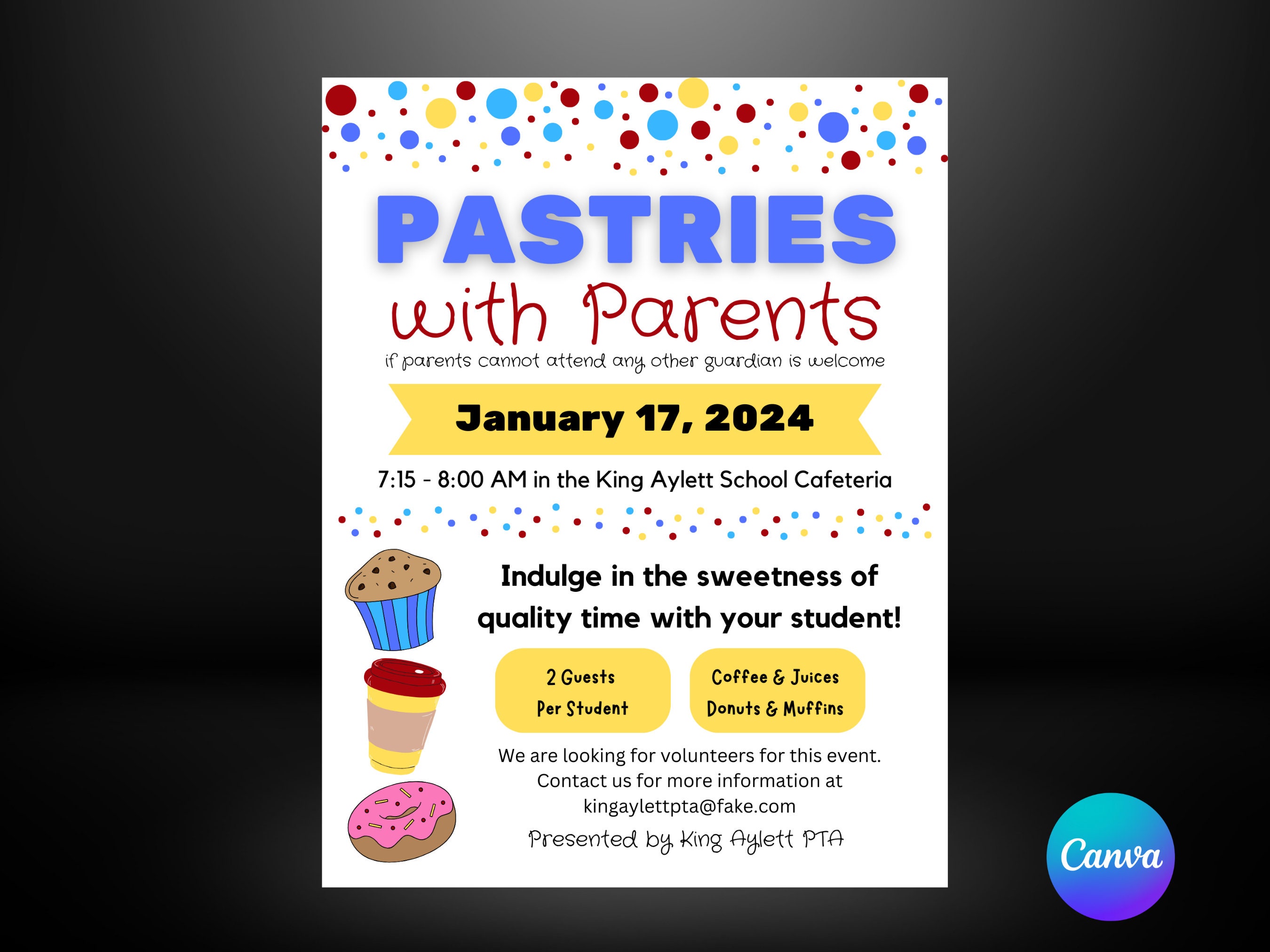 Pastries With Parents Flyer Canva Template - Customizable for PTA PTO ...