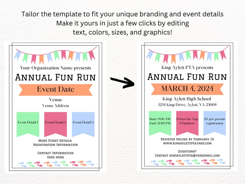 Fun Run Event Fundraiser Canva Flyer Template - Customizable for PTA ...