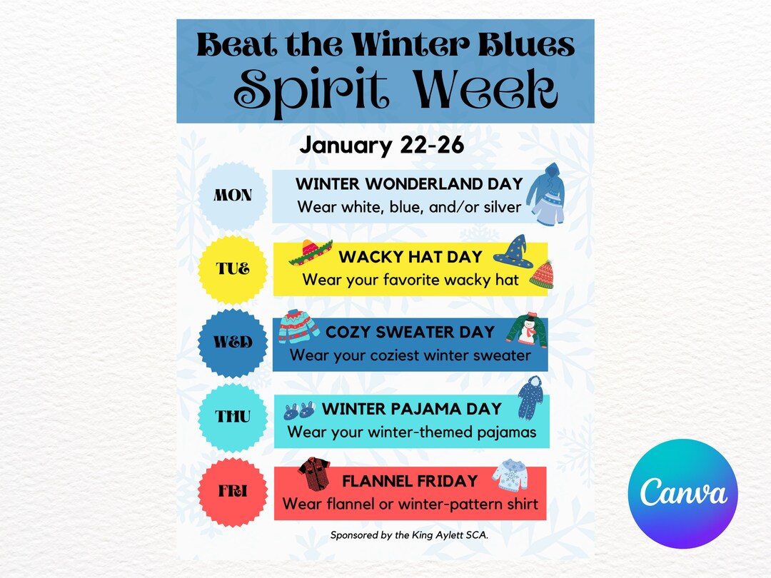 Winter Spirit Week Flyer Canva Template Fully Customizable for PTA PTO ...