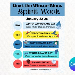 Winter Spirit Week Flyer Canva Template Fully Customizable for PTA PTO ...