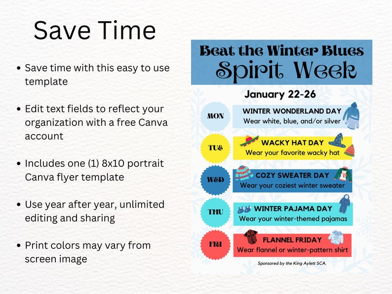 Winter Spirit Week Flyer Canva Template Fully Customizable for PTA PTO ...