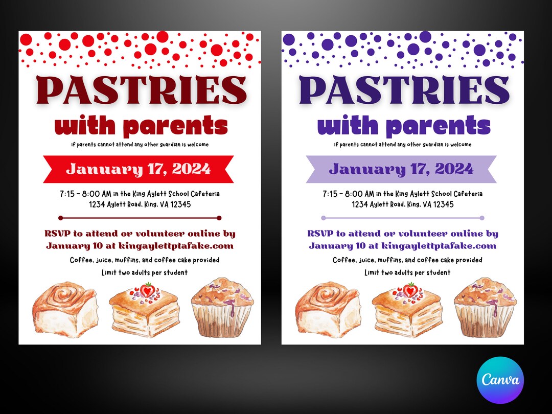 Pastries With Parents Flyer Canva Template - Customizable for PTA PTO ...