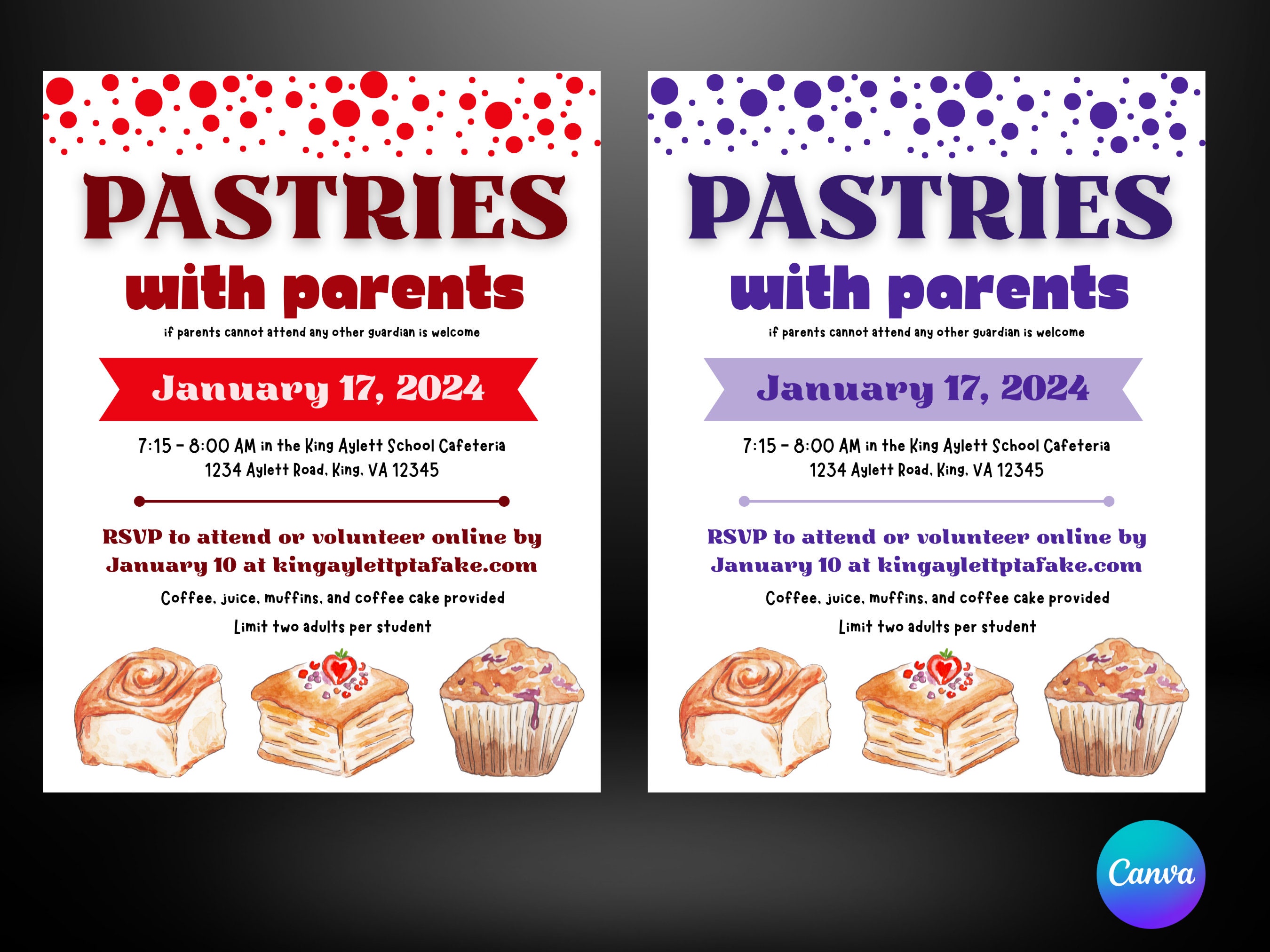 Pastries With Parents Flyer Canva Template - Customizable for PTA PTO ...
