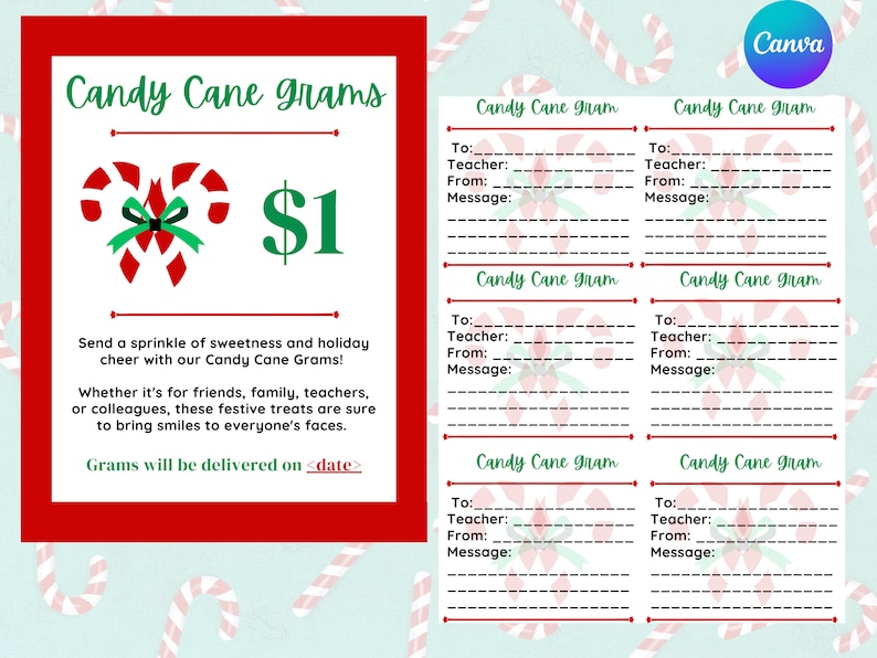 Editable Candy Gram Candy Cane Fundraiser Customizable Digital Template ...
