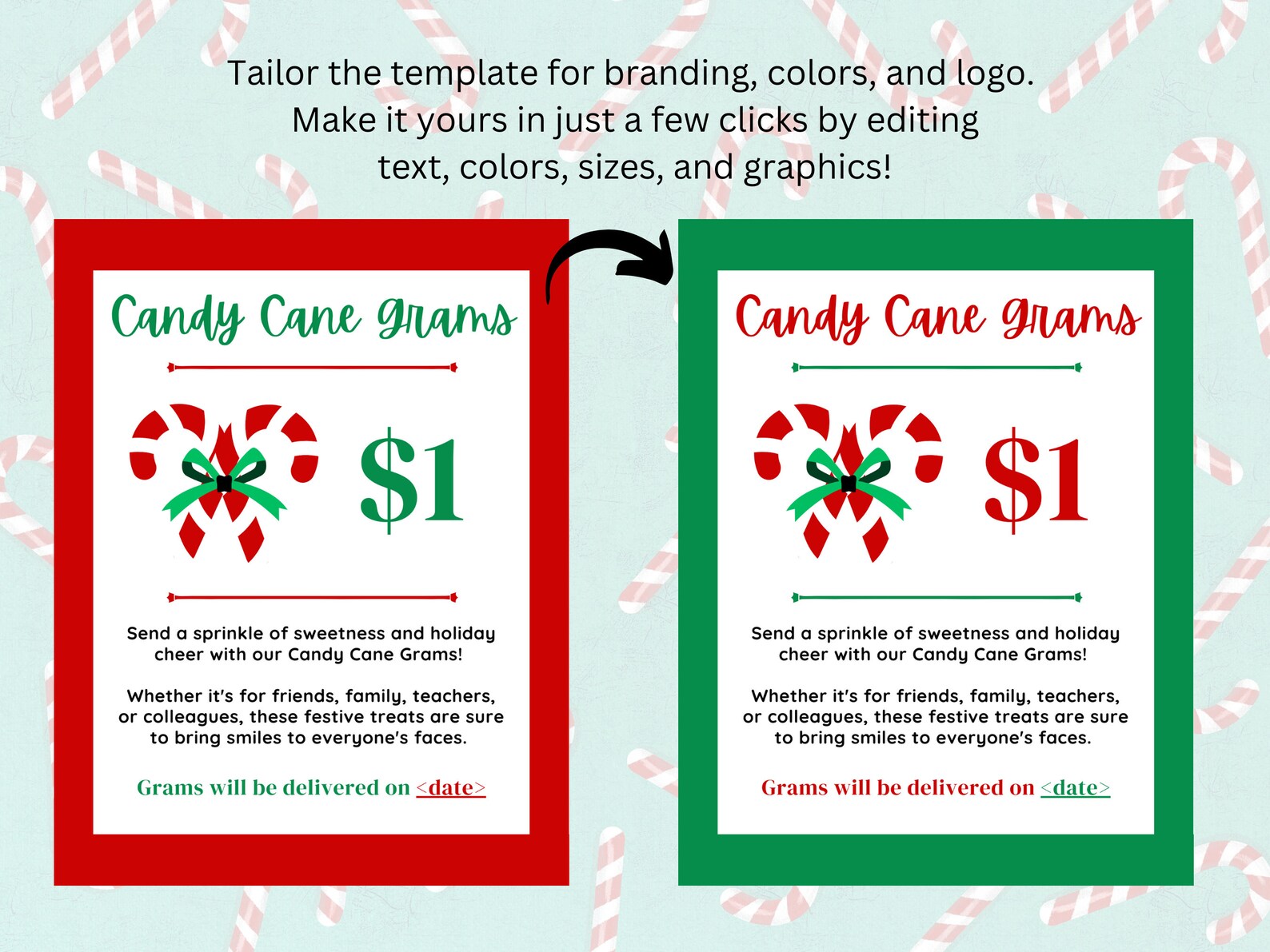 Editable Candy Gram Candy Cane Fundraiser Customizable Digital Template ...