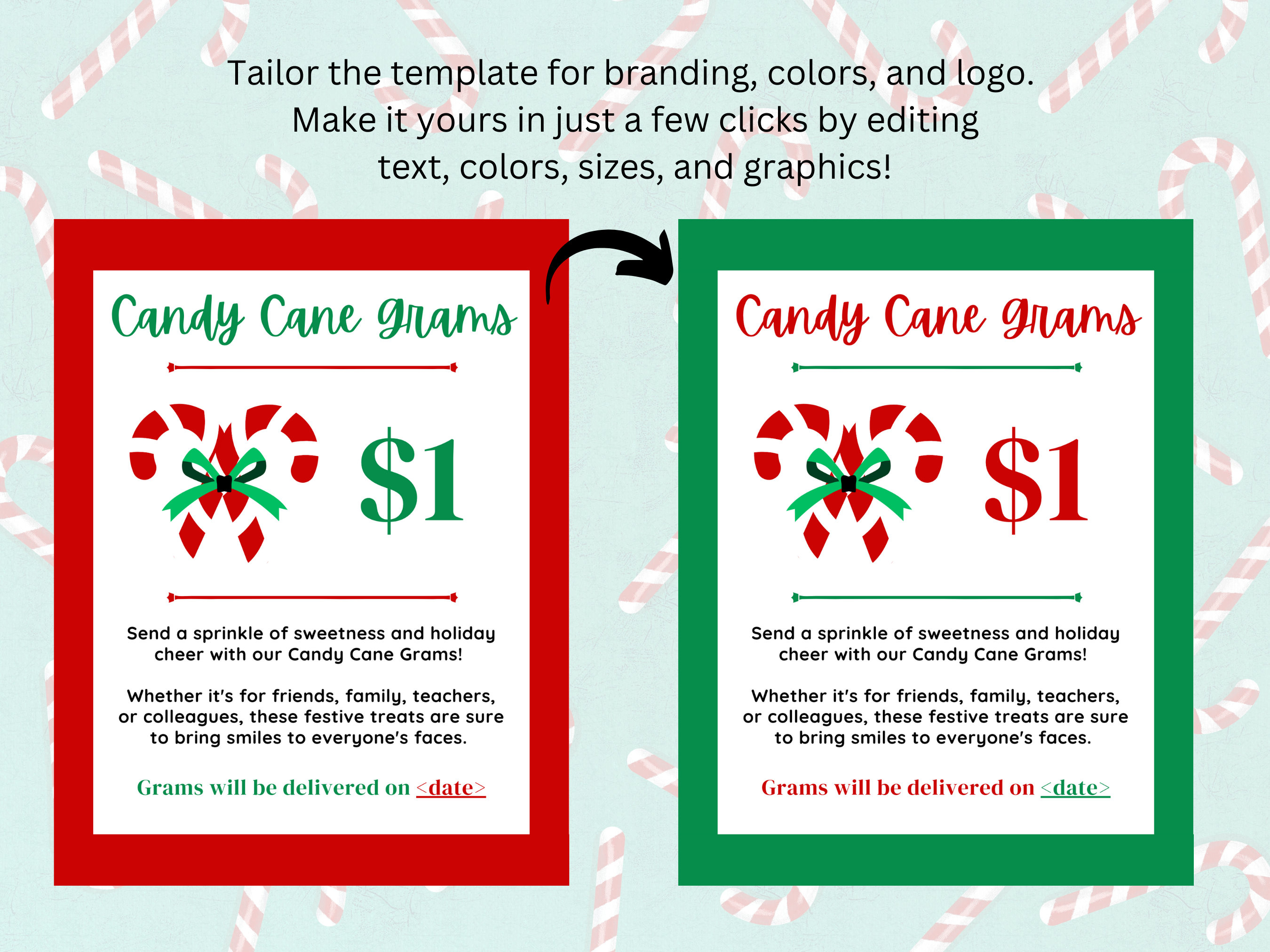 Editable Candy Gram Candy Cane Fundraiser Customizable Digital Template ...