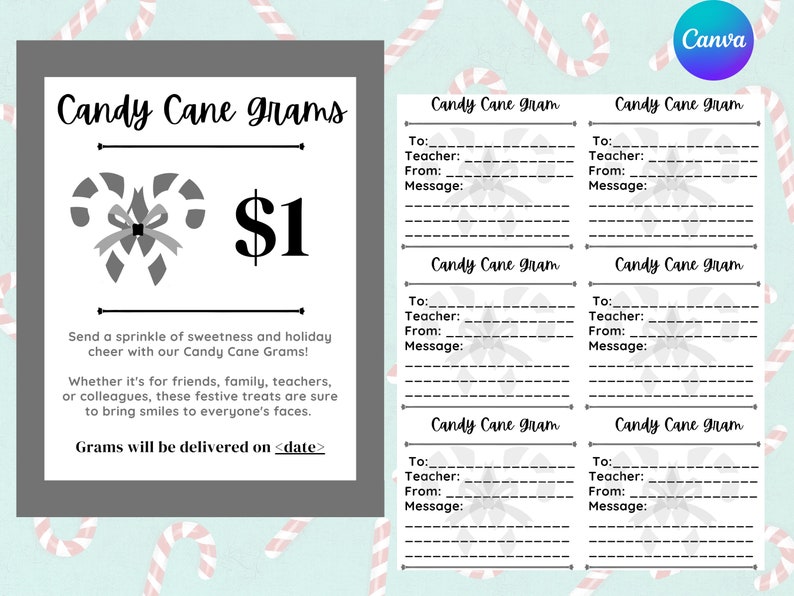 Editable Candy Gram Candy Cane Fundraiser Customizable Digital Template ...