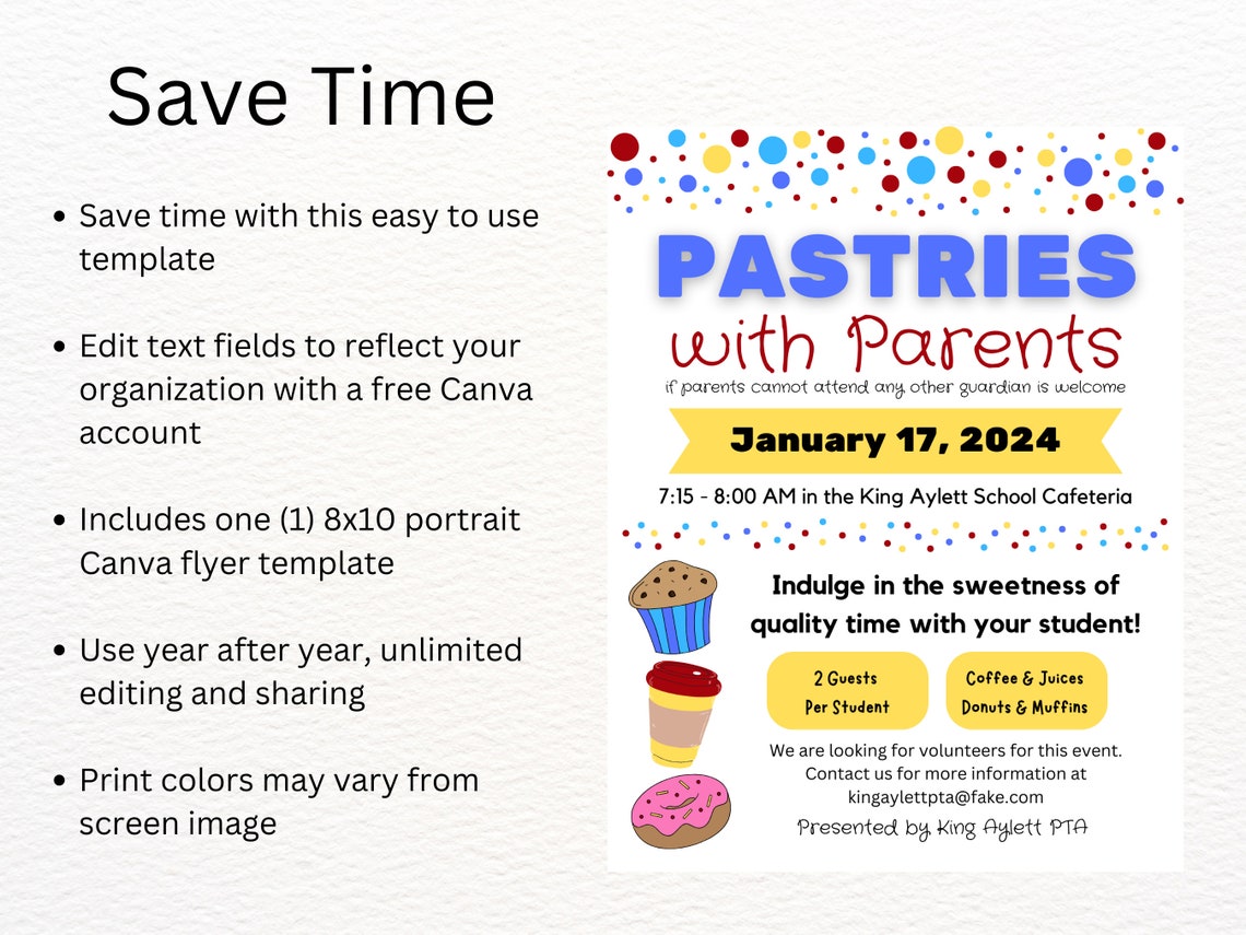 Pastries With Parents Flyer Canva Template - Customizable for PTA PTO ...