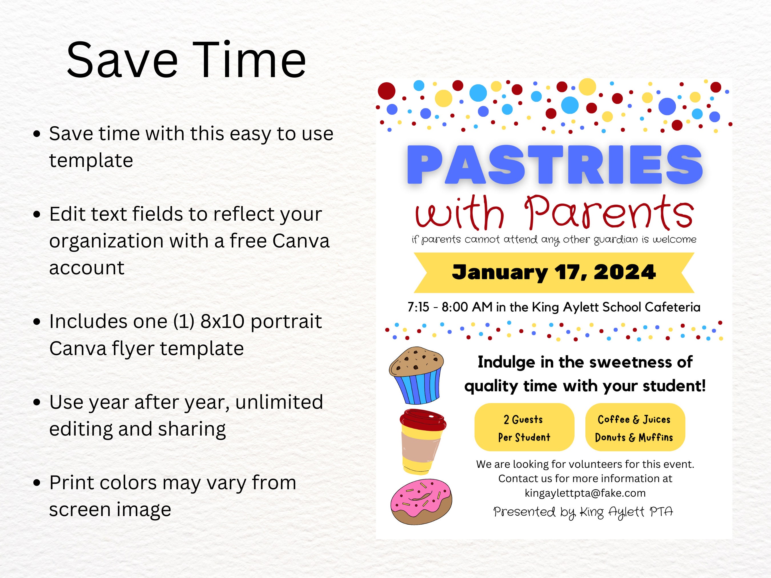Pastries With Parents Flyer Canva Template - Customizable for PTA PTO ...