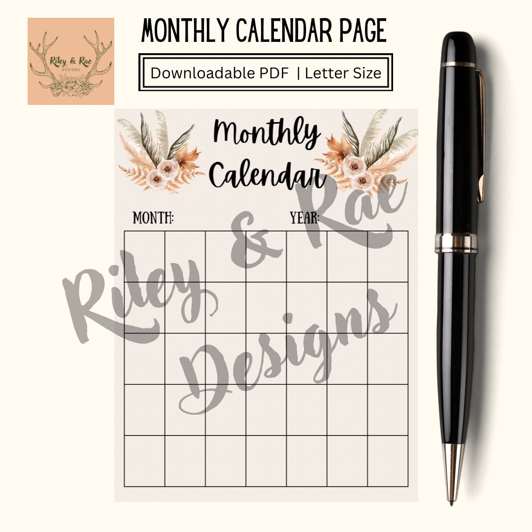 Monthly Calendar Page, Boho, Floral, Printable Download, Month Planning ...