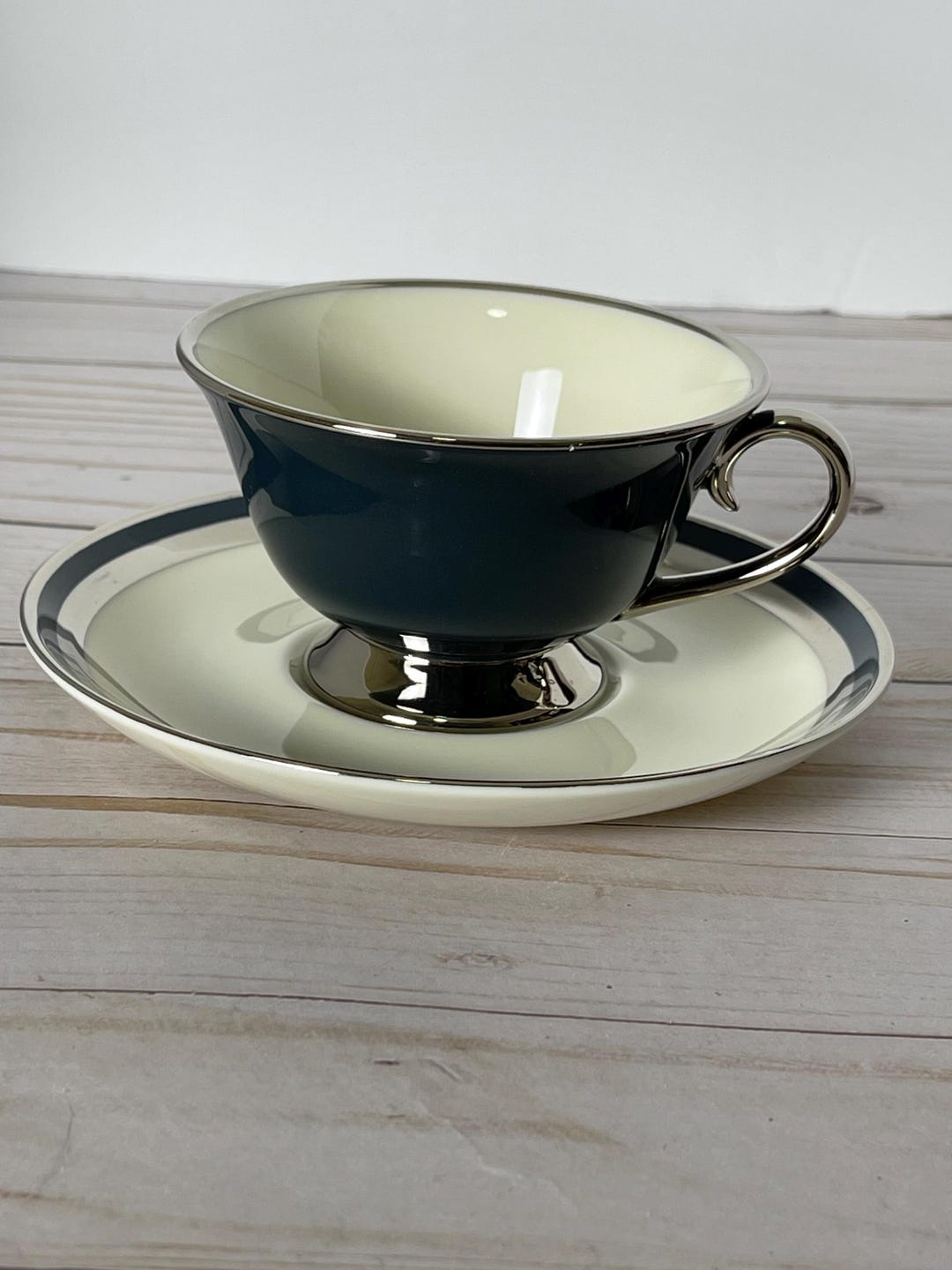 Gorham Fine China Black Contessa Footed Tea Cup Saucer Blue Silver - Etsy