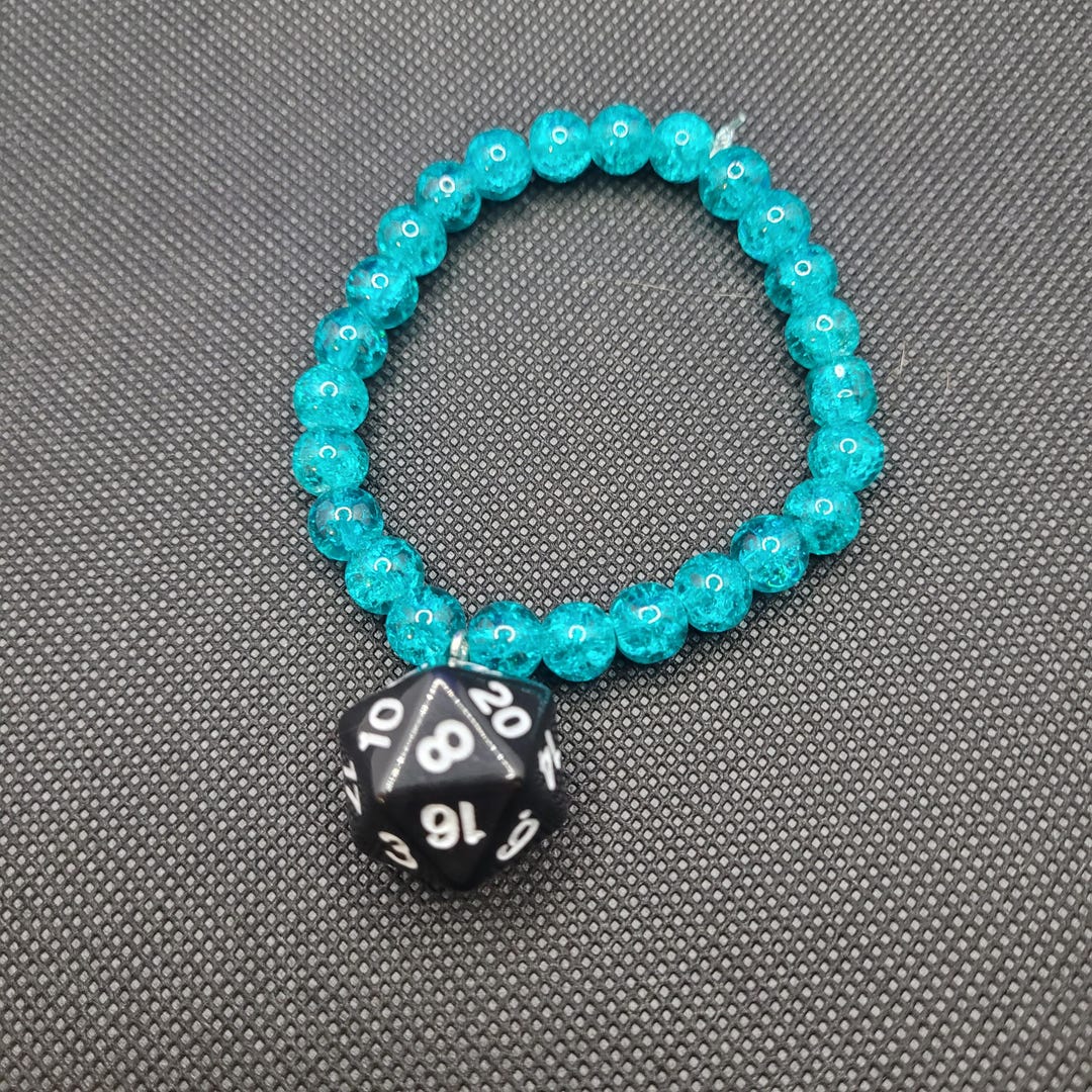 Dungeons + Dragon D20 Dice Acrylic Charm Elastic Glass Bead Bracelet ...