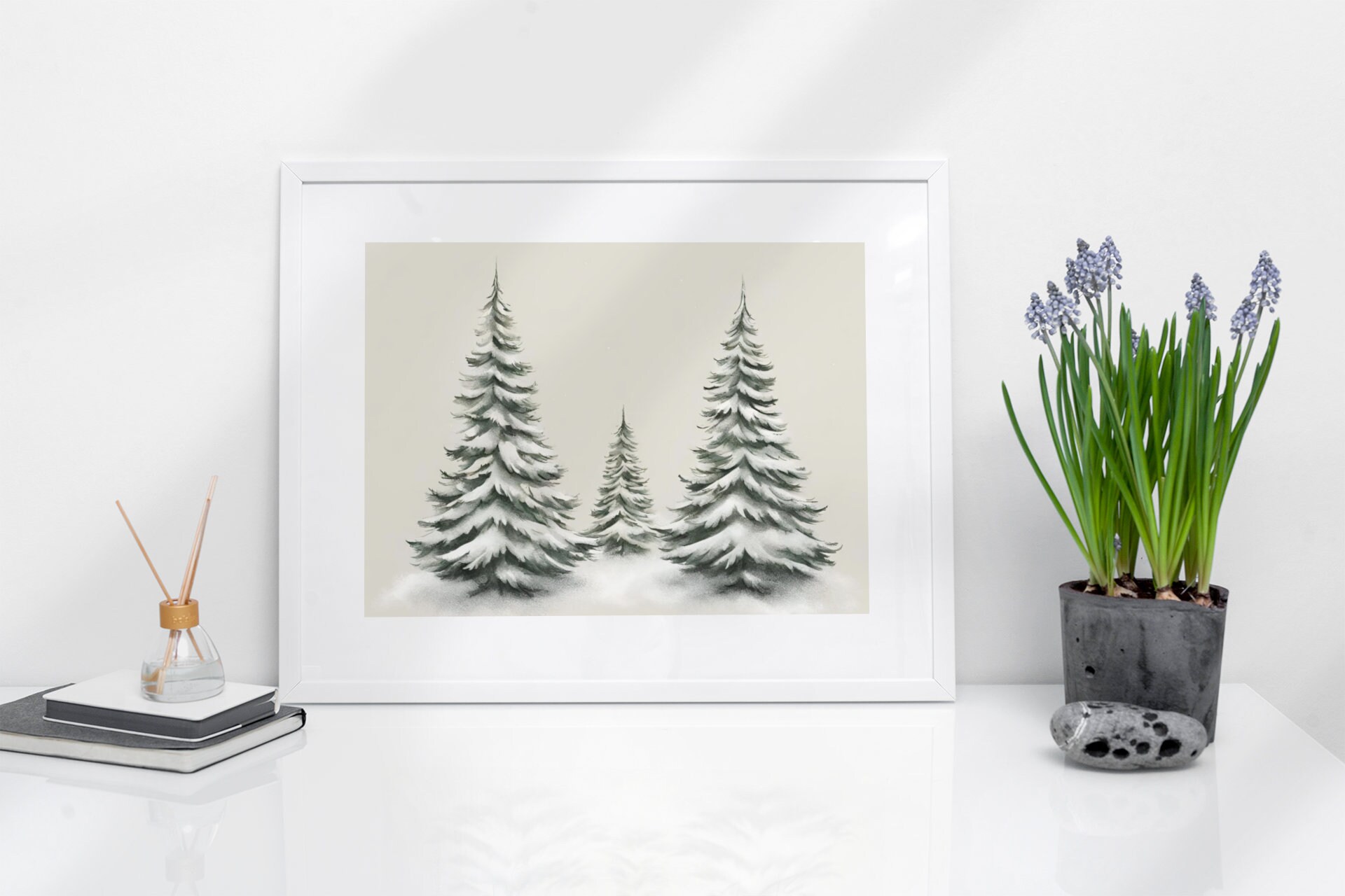 Snowy Trees Art, Winter Wall Art, Digital Christmas Tree Print, Pine ...