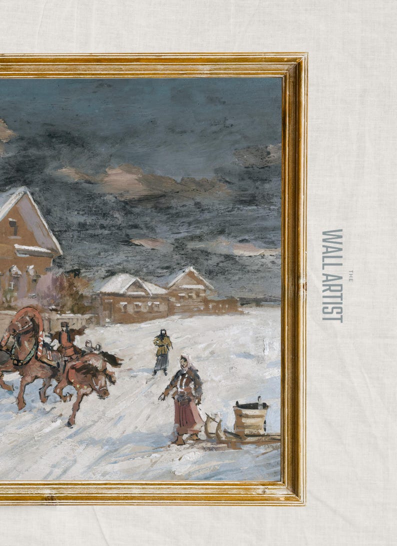 Winter Village Sleigh Ride Art Printable Nostalgic Snowy Landscape With ...
