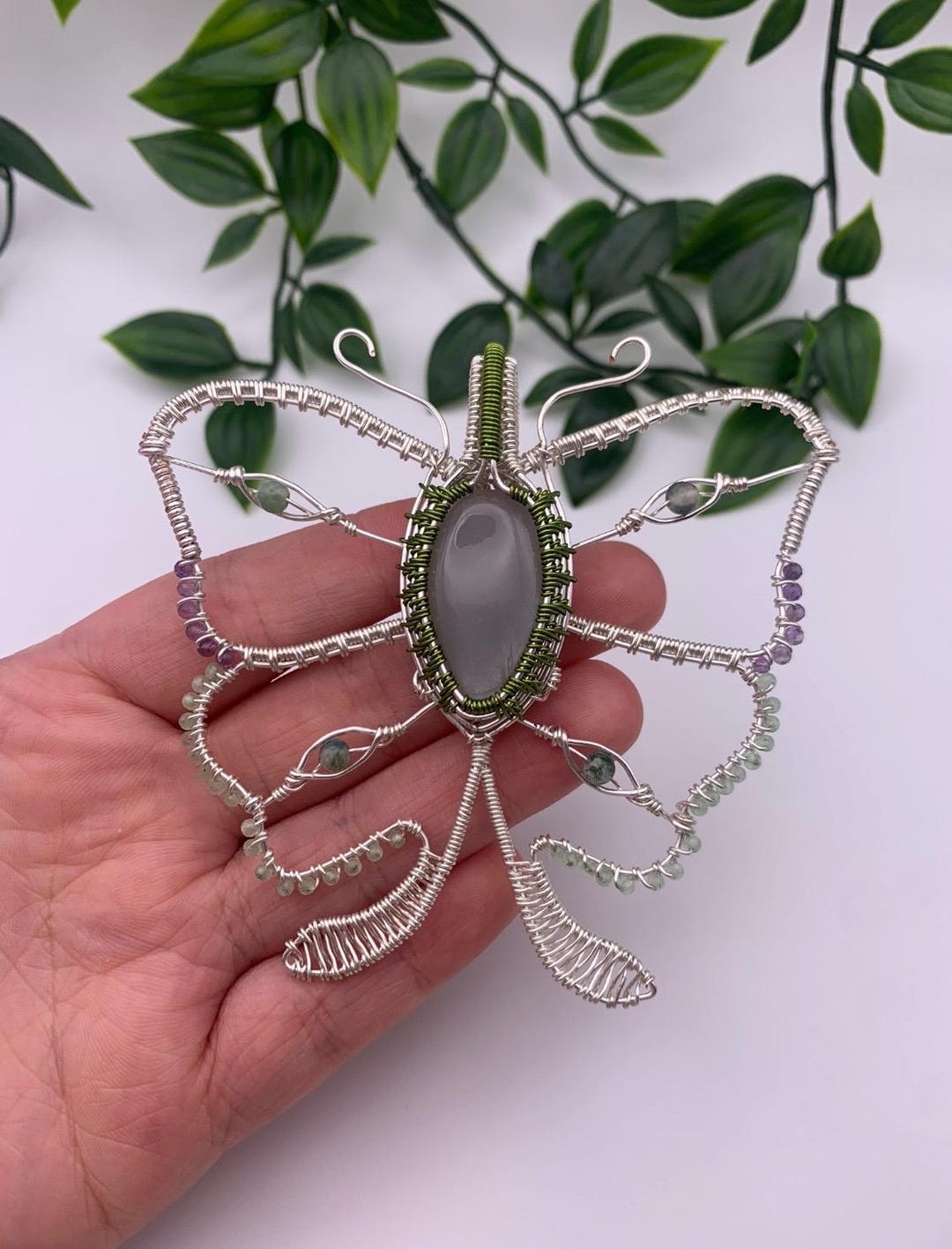 Silver Filled Copper Wire Wrapped Luna Moth Pendant With Grey Moonstone ...