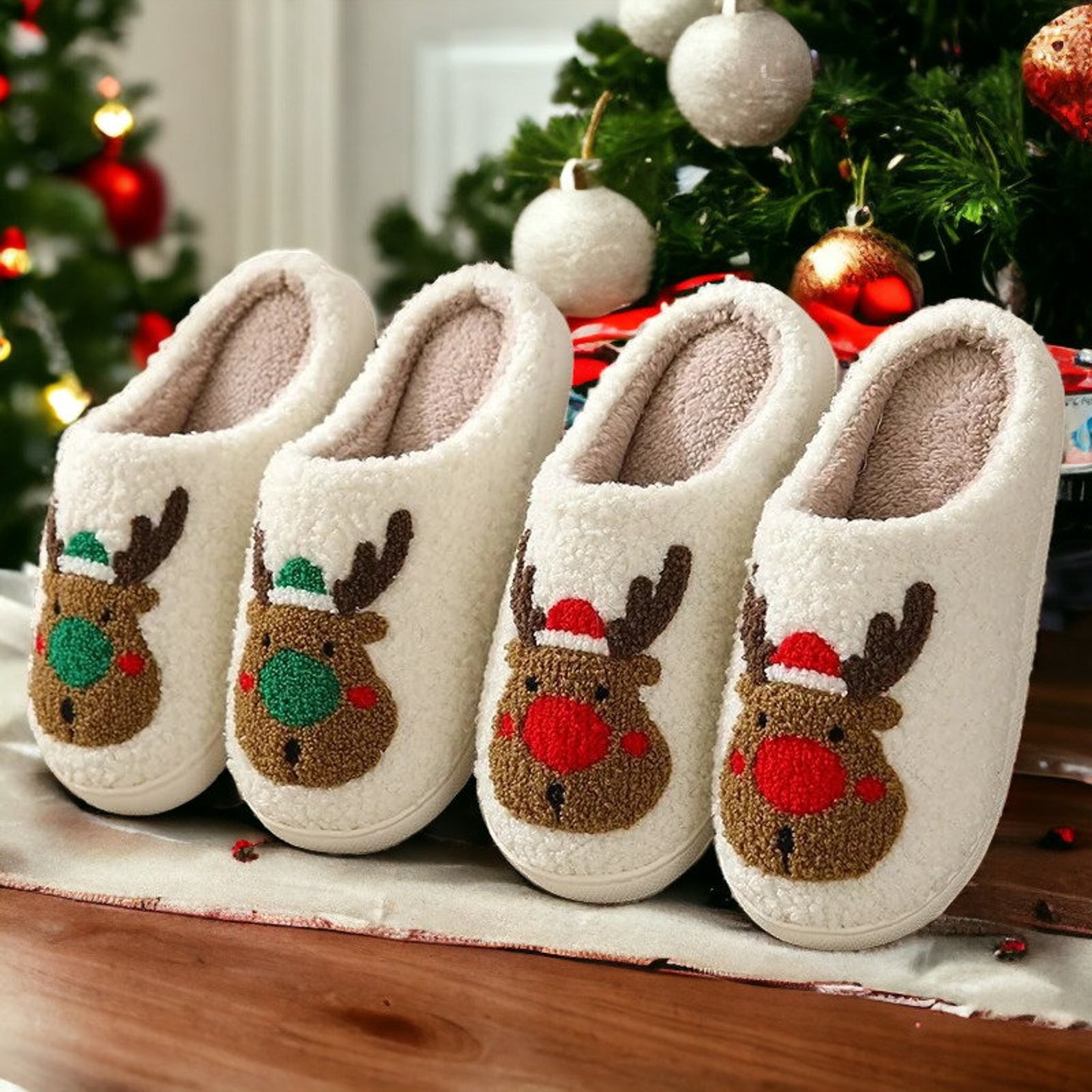 Reindeer Slippers Christmas Elves Slides With Cozy Fur Christmas House ...