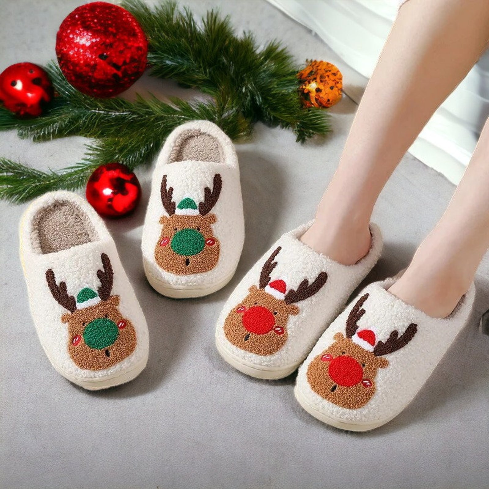 Reindeer Slippers Christmas Elves Slides With Cozy Fur Christmas House ...