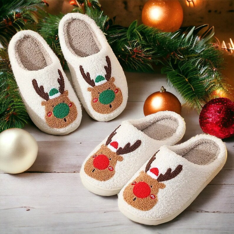 Reindeer Slippers Christmas Elves Slides With Cozy Fur Christmas House ...