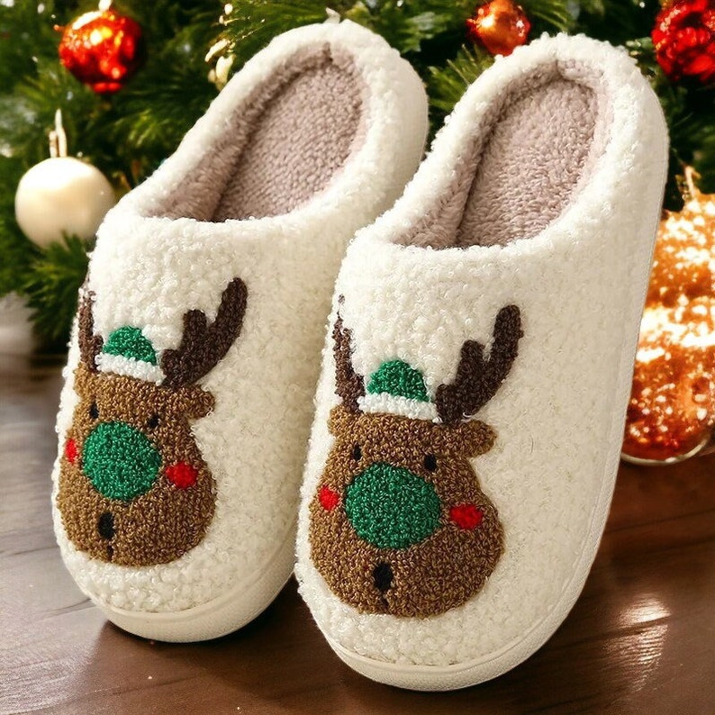 Reindeer Slippers Christmas Elves Slides With Cozy Fur Christmas House ...