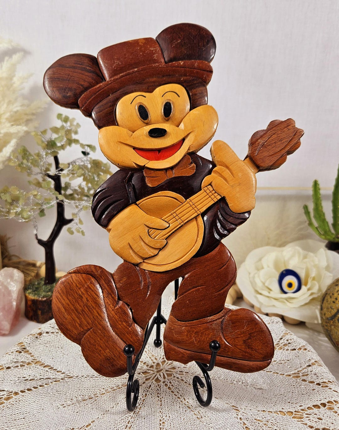 Vintage Wooden Mickey Mouse With Banjo Handmade Wall Plaque Collectors ...