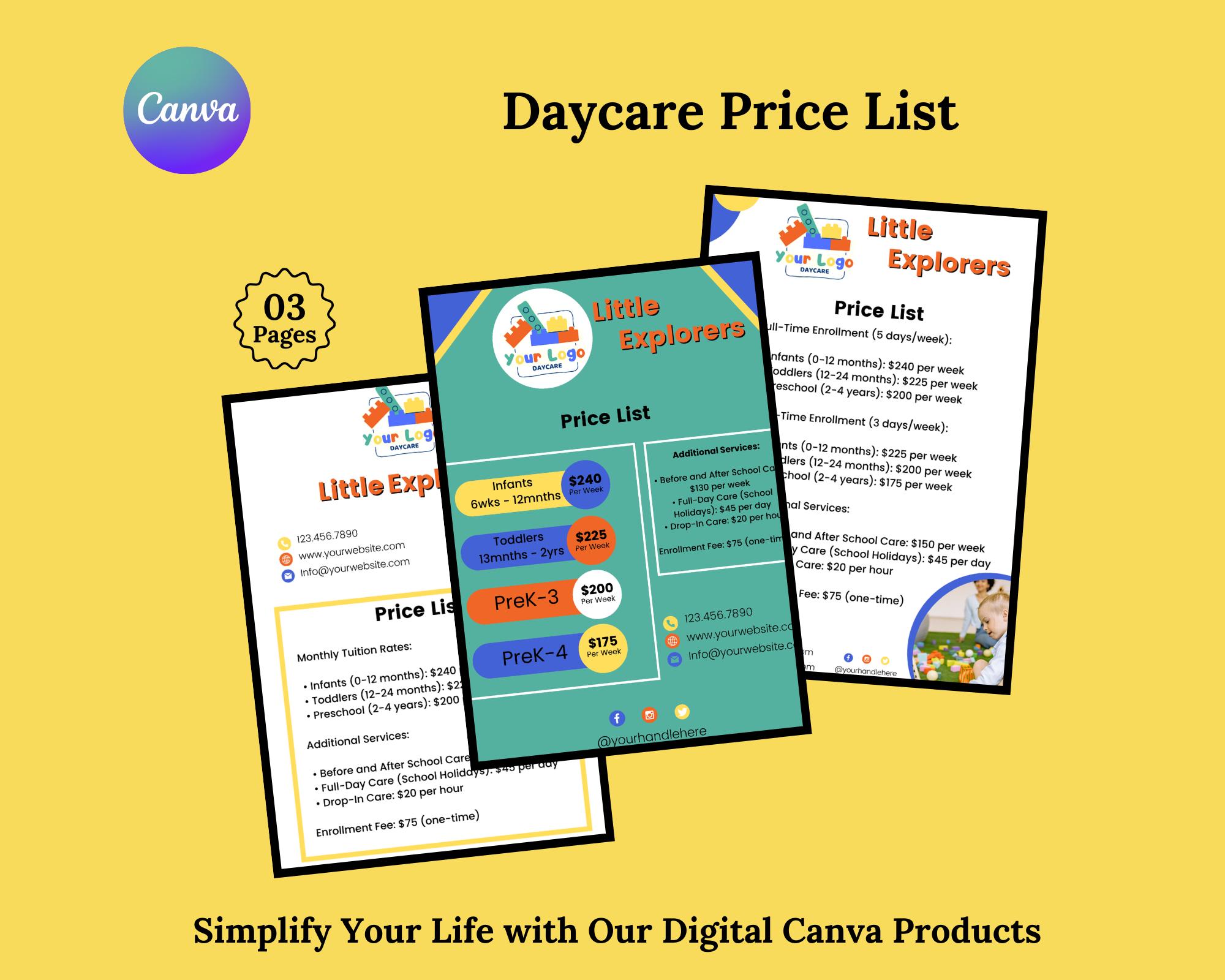 Daycare Price List Template: Kids Grooming, Preschool Pricing (instant ...