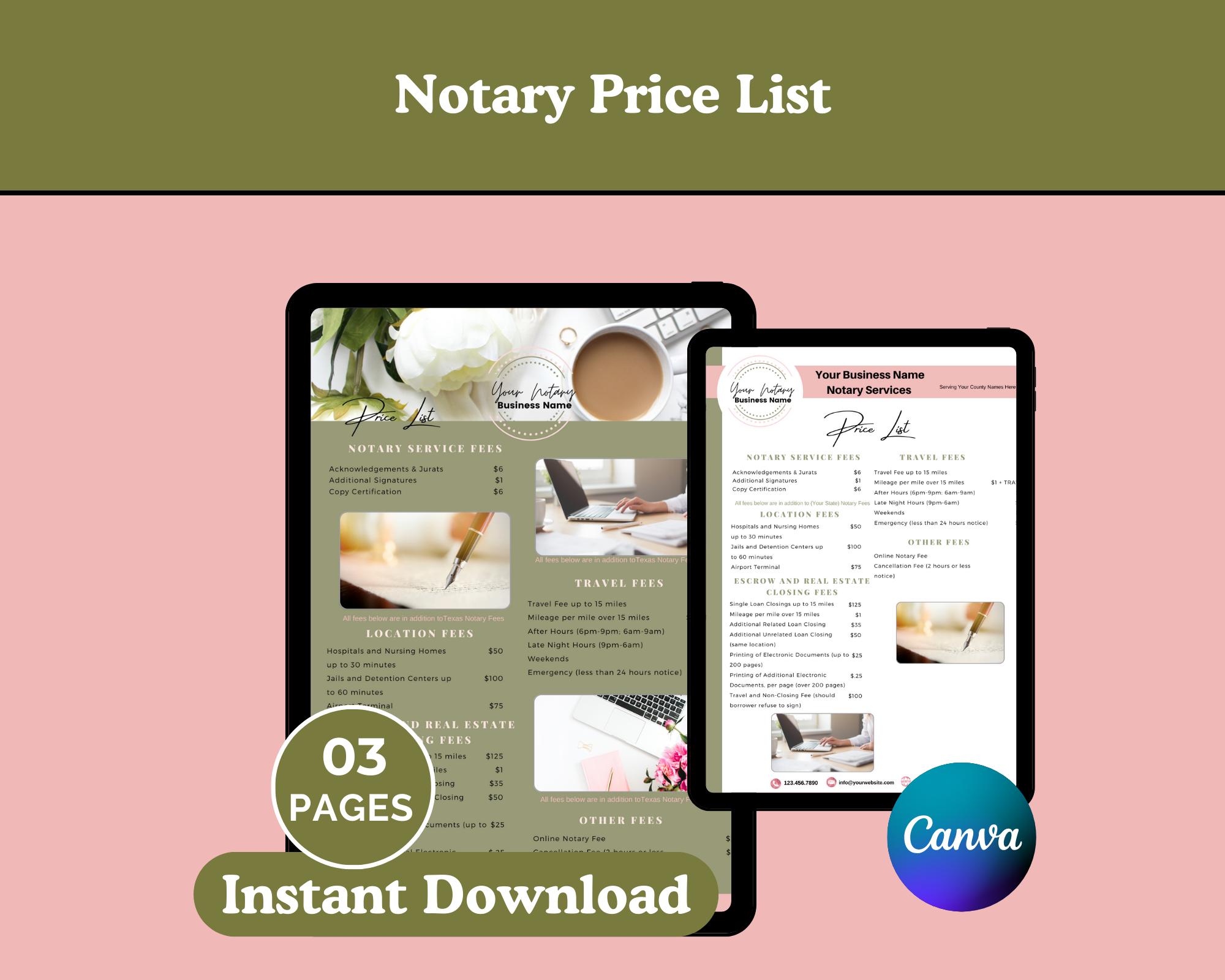 Notary Price List Template, Mobile Notary Services Pricing Sheet ...