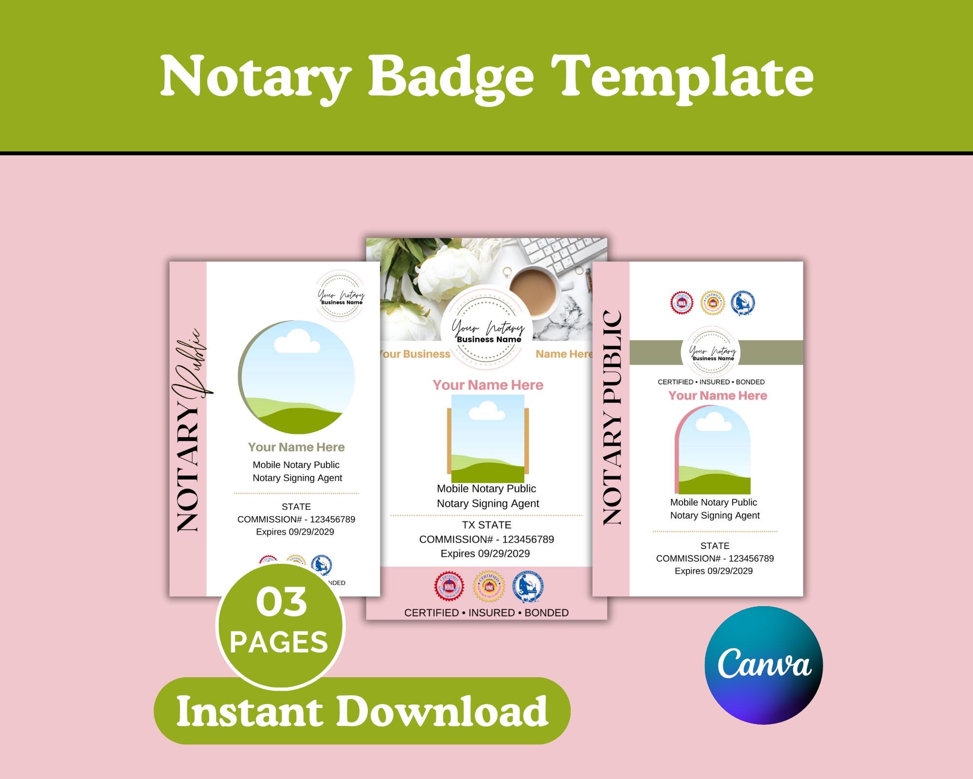 Notary ID Badge Template, Mobile Notary Name Badge, Editable Canva ...