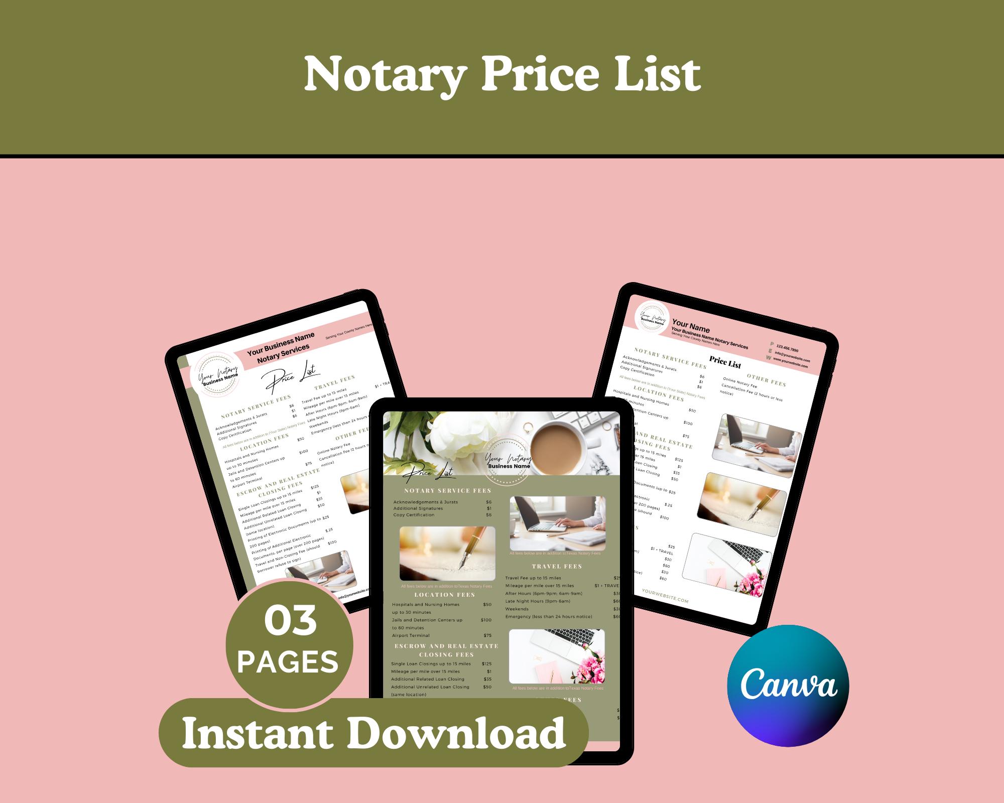 Notary Price List Template, Mobile Notary Services Pricing Sheet ...