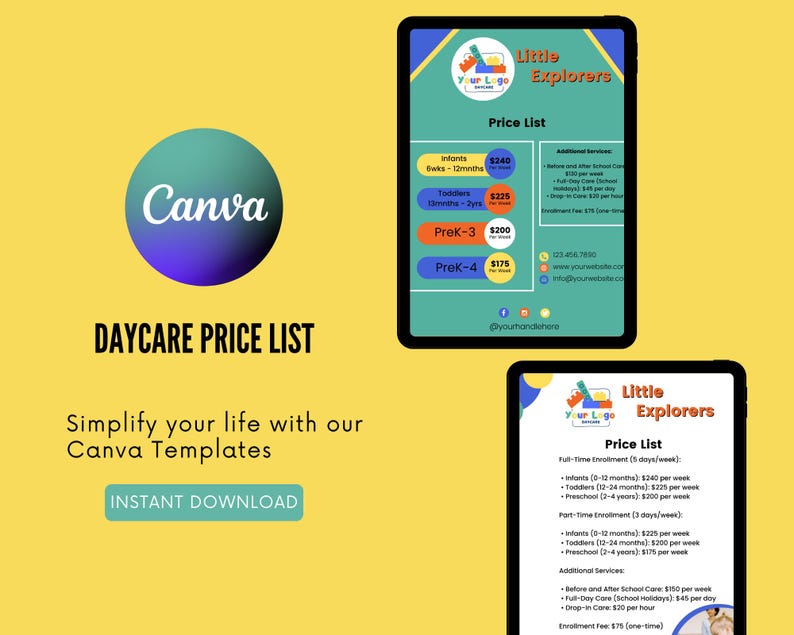 Daycare Price List Template: Kids Grooming, Preschool Pricing (instant ...