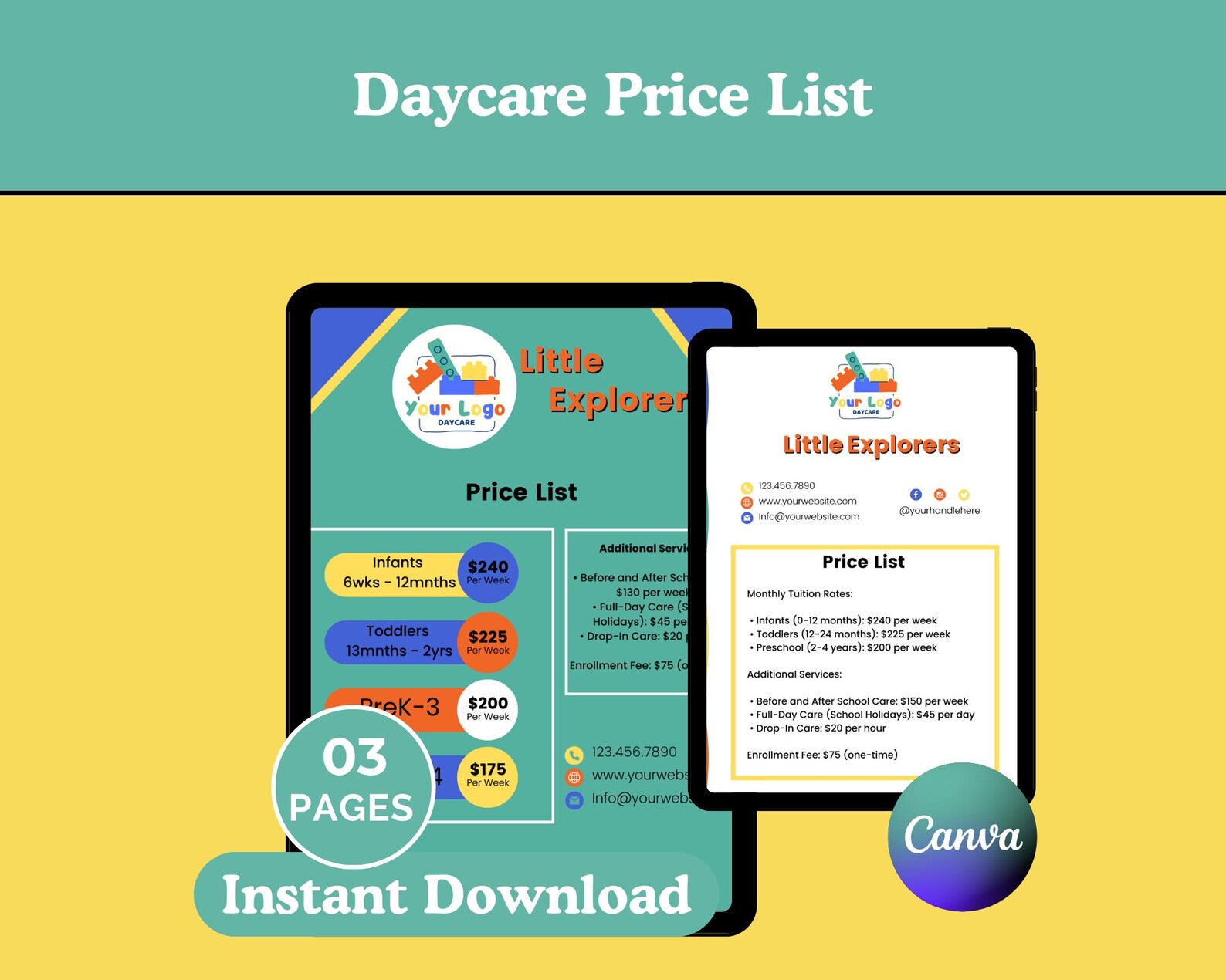 Daycare Price List Template: Kids Grooming, Preschool Pricing (instant ...