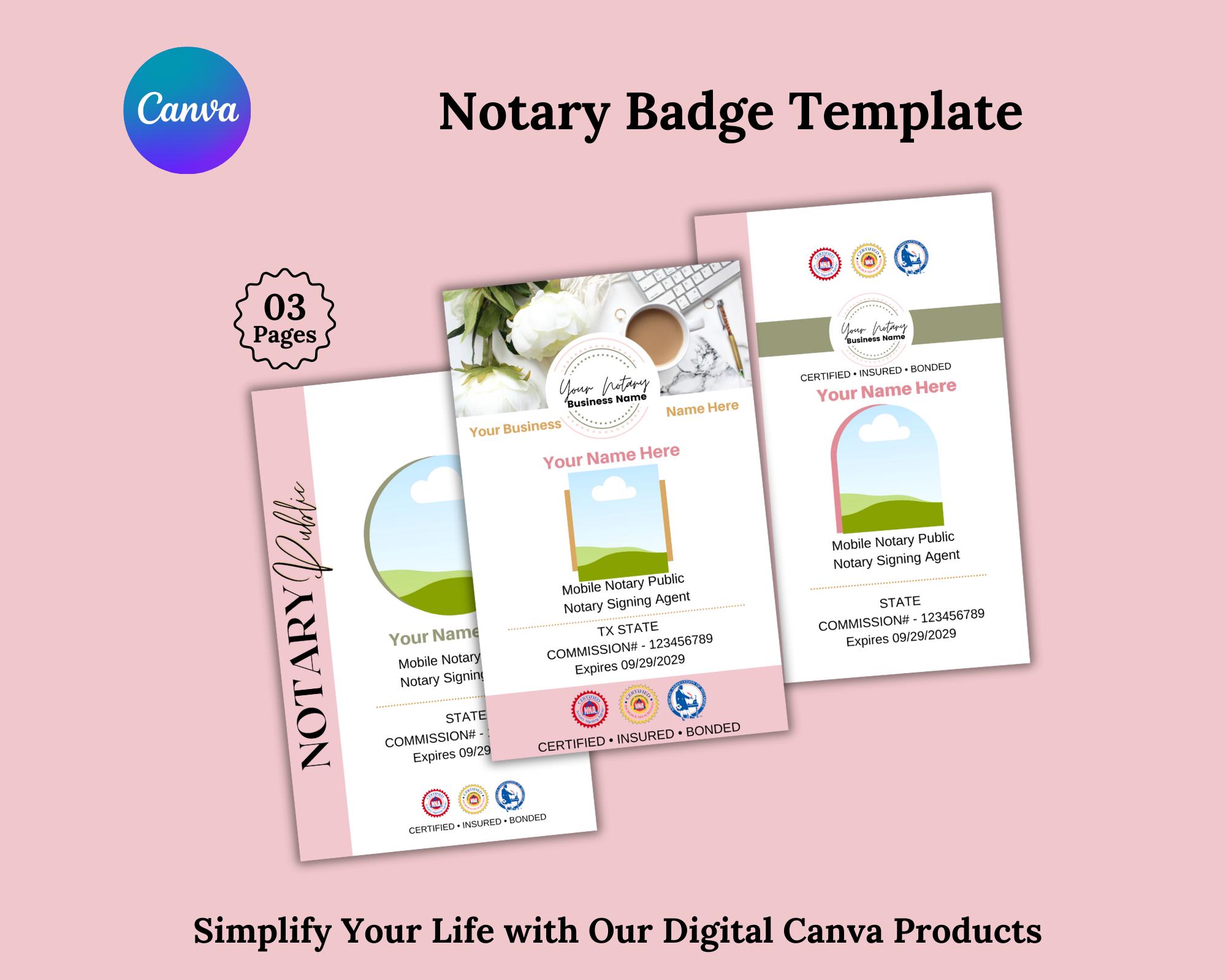 Notary ID Badge Template, Mobile Notary Name Badge, Editable Canva ...