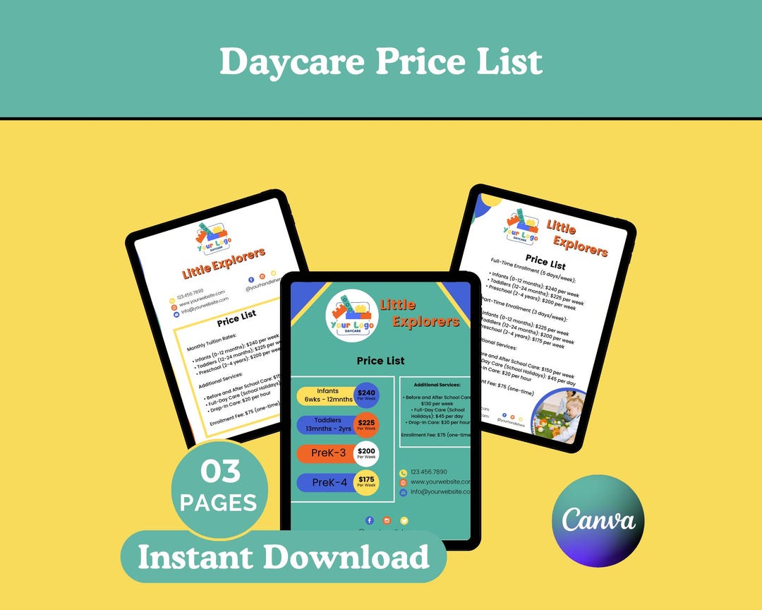 Daycare Price List Template: Kids Grooming, Preschool Pricing (instant ...