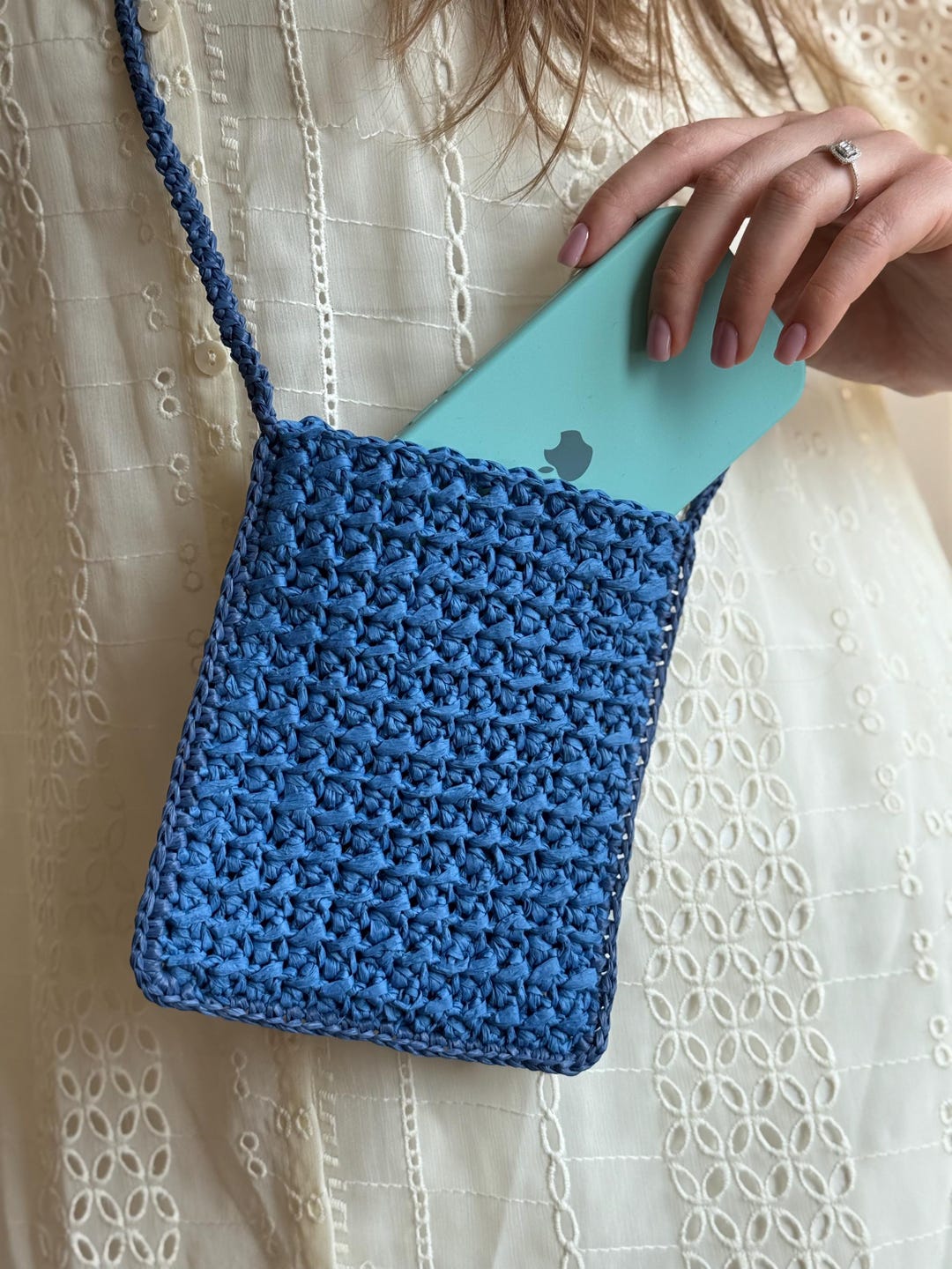 Blue Crochet Phone Purse, Custom Crossbody Phone Bag, Organic Raffia ...