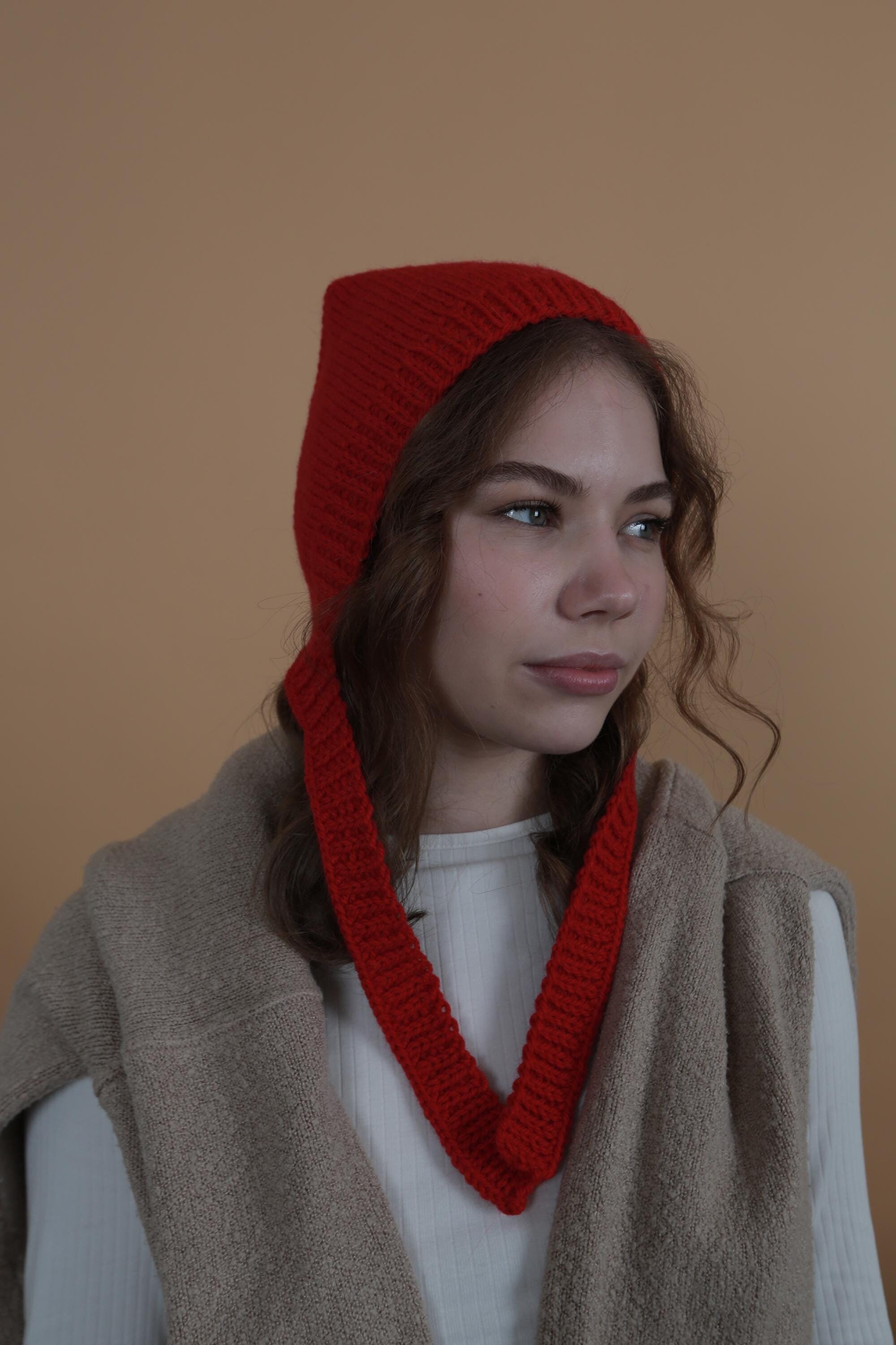 Red Vintage Style Crochet Bonnet Hat, Merino Wool Aviator Bonnet ...