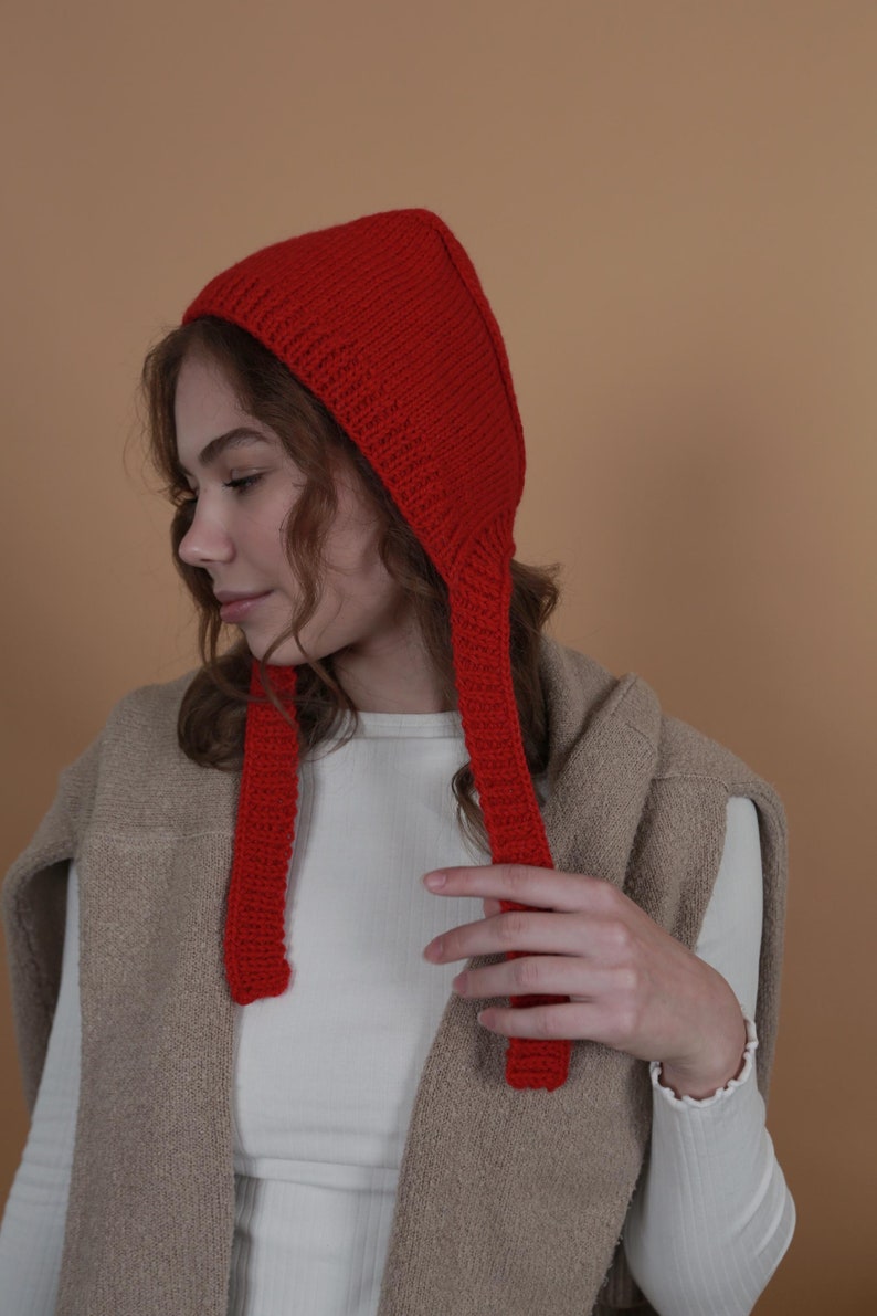 Red Vintage Style Crochet Bonnet Hat, Merino Wool Aviator Bonnet ...