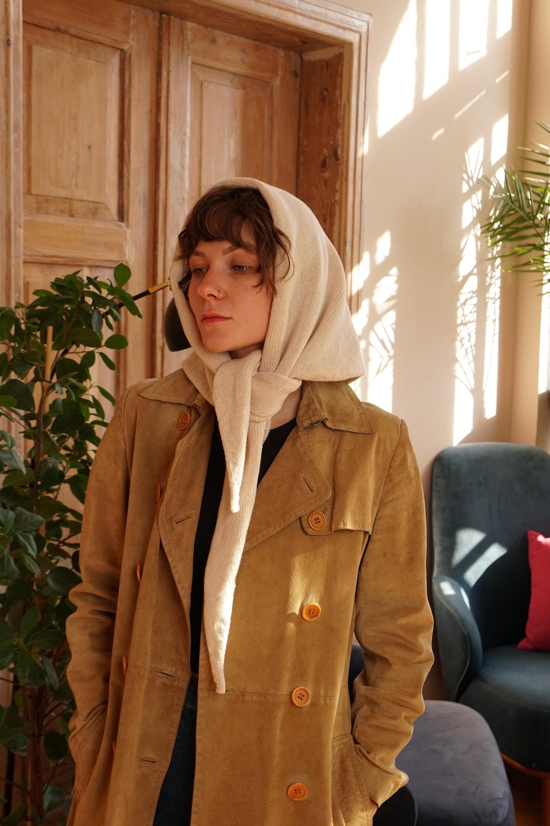 Hand Knitted Cashmere Boho Scarf, Handmade Triangle Head Scarf, Head ...