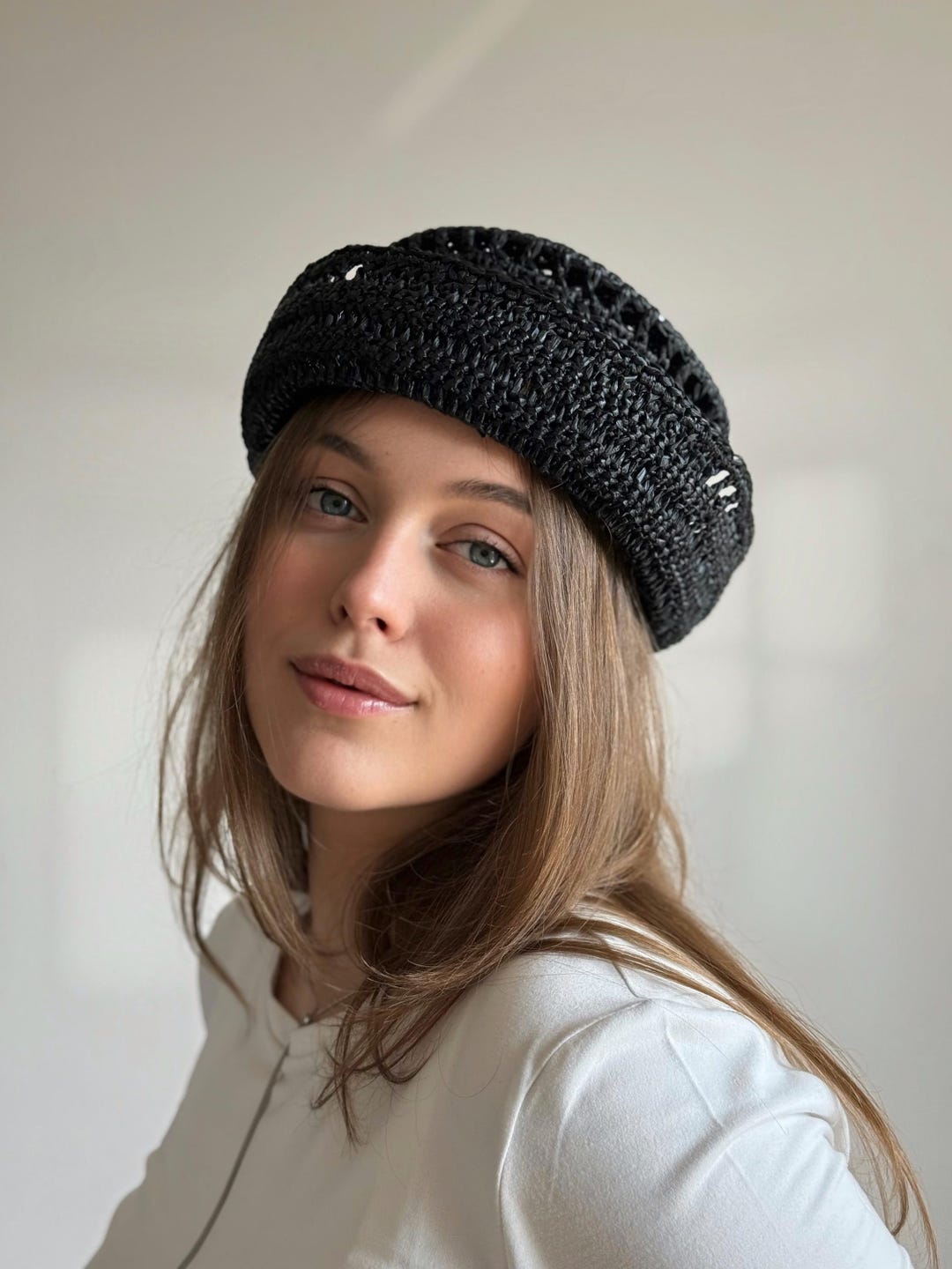 Black Minimalist Beret Hat, Classy Crochet Beret, Elegant Straw Summer ...