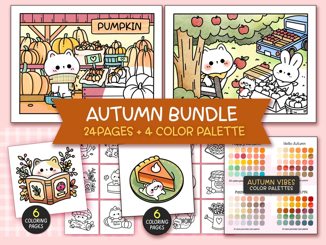 Autumn Bundle Fall Kawaii Cozy Coloring Pages Bundle for Adults, 24 ...