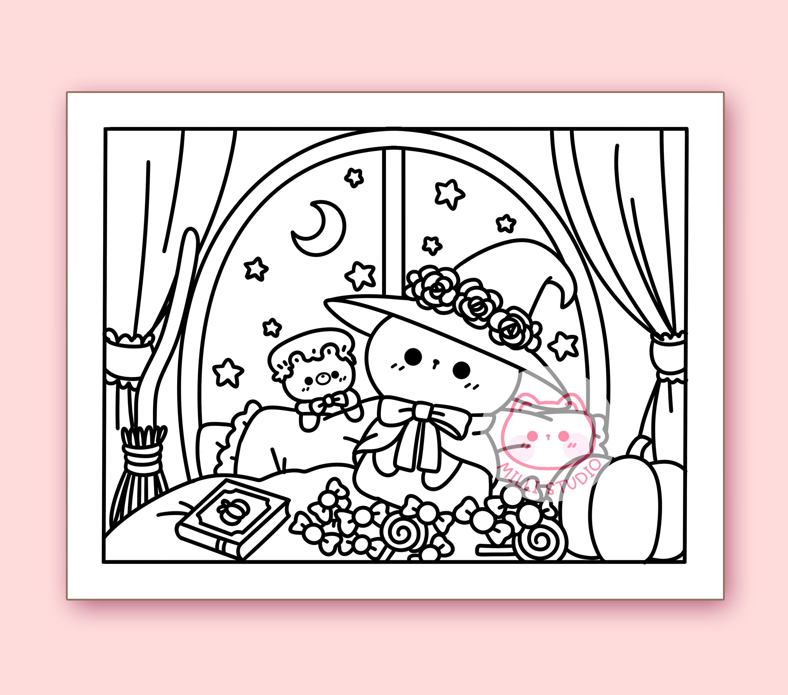 Halloween Kawaii Cozy Coloring Pages for Adults SET2 - 6 Pages Simple ...