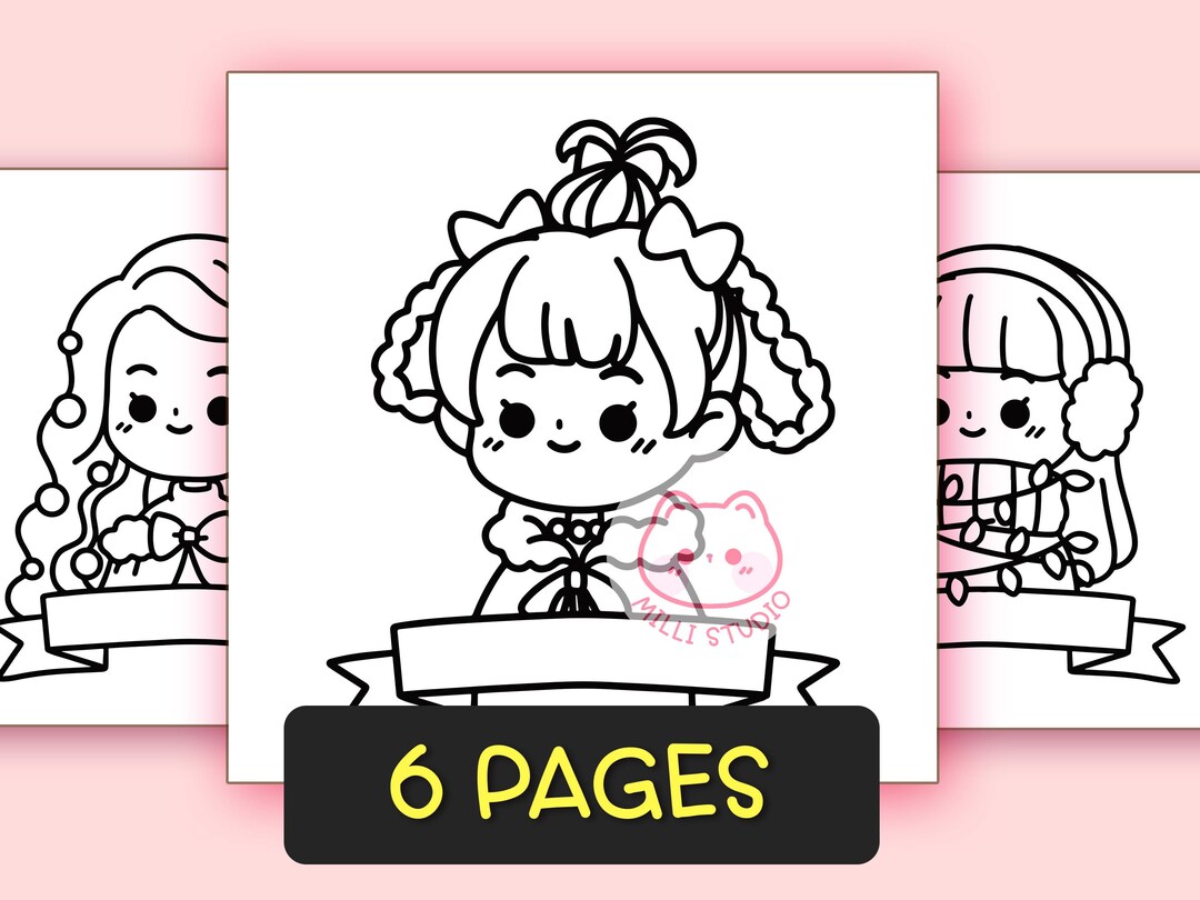 Christmas Girl Kawaii Bold and Easy Coloring Pages for Adults - 6 Pages ...