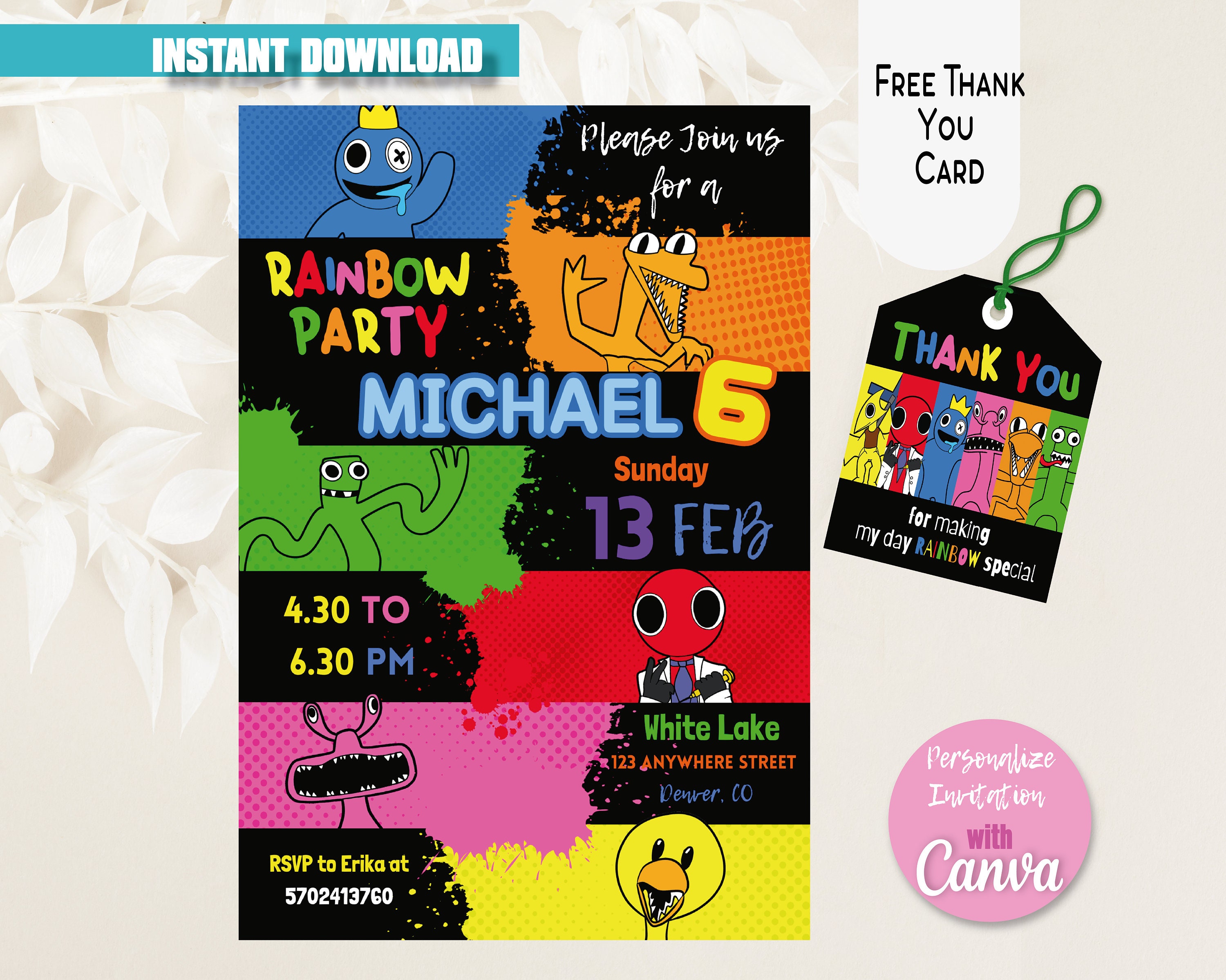 Rainbow Friends Invitation Template Birthday Party Celebration Blue ...