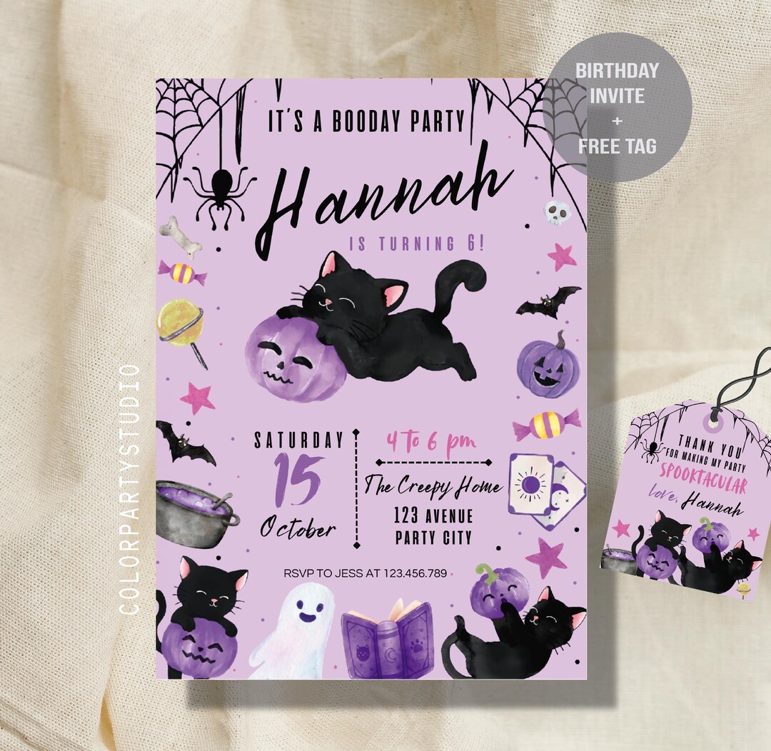 Spooky Boo Day Birthday Invitation, Cute Cat Halloween Invite, Editable ...