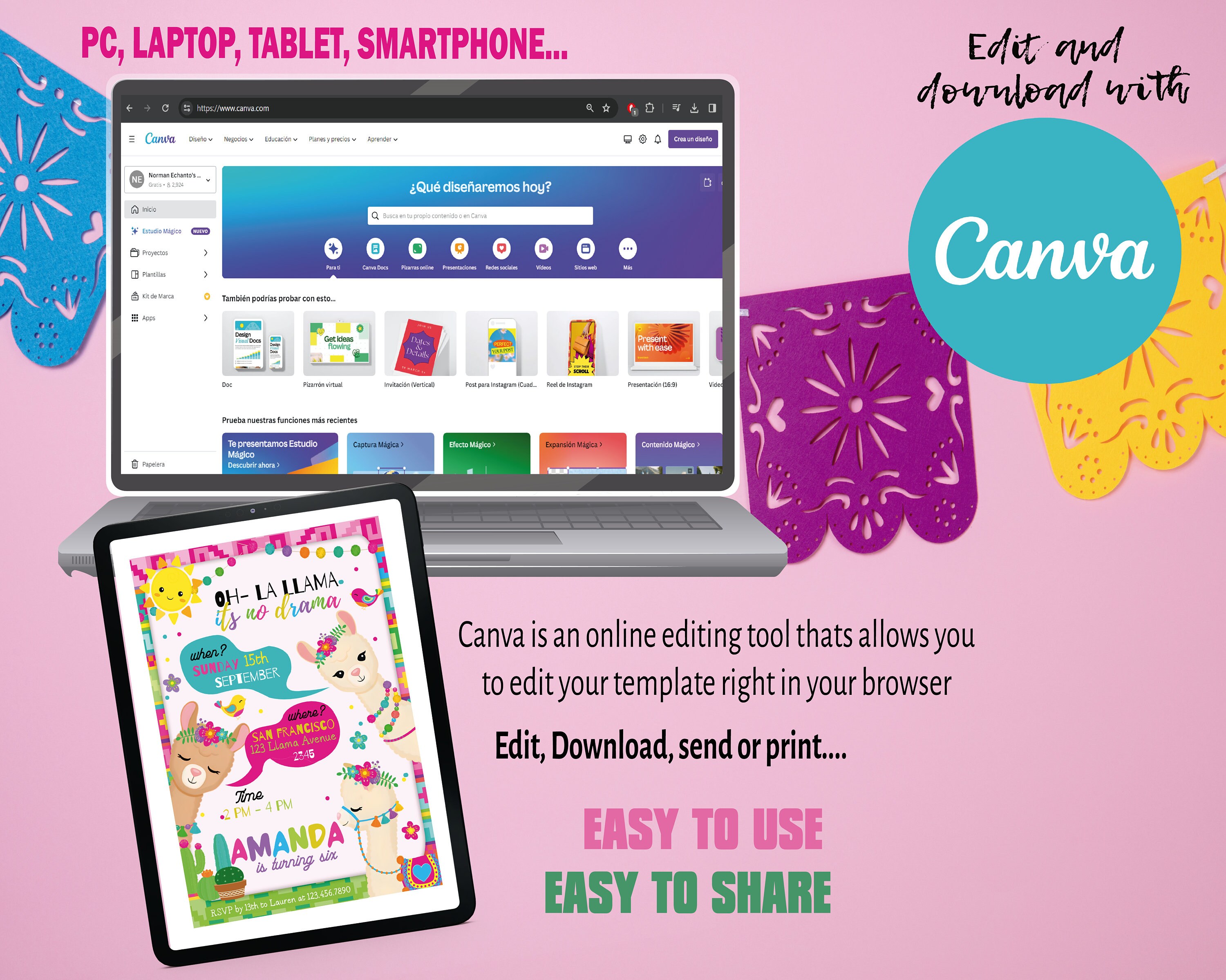 Editable Llama Birthday Invitation Cute Llama Alpaca Invitation Digital ...