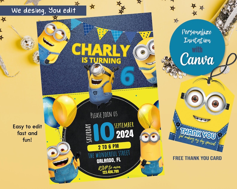Editable Minions Birthday Invitation Boy Girl Digital Invitation Canva ...