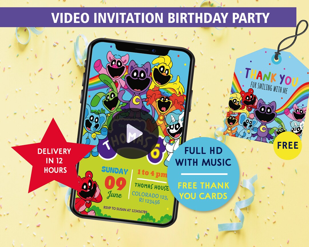 Smilling Critters Video Invitación de cumpleaños CatNap Hoppy Rayuela ...
