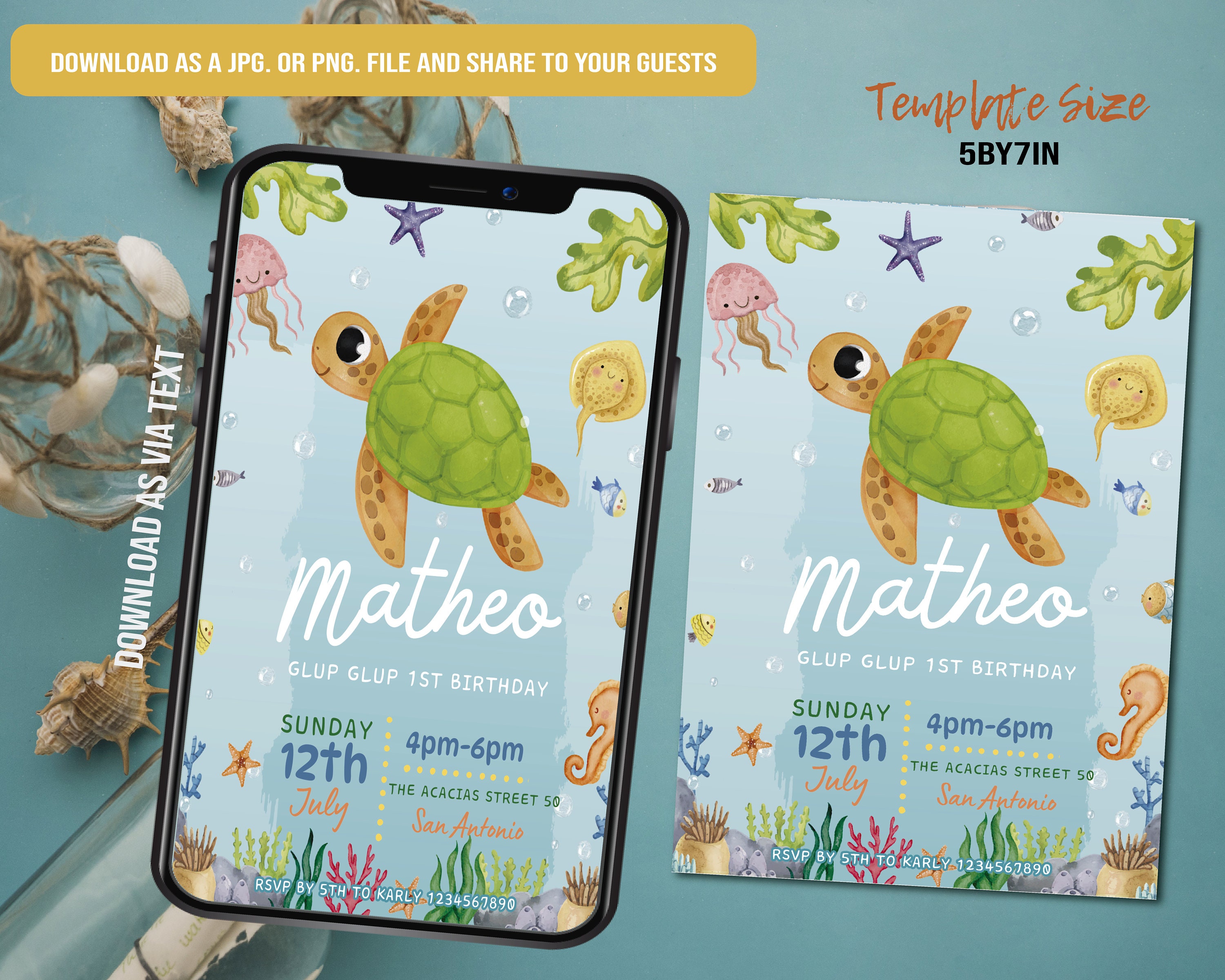 Under the Sea Birthday Invitation Cute Sea Turtle Invitation Digital ...