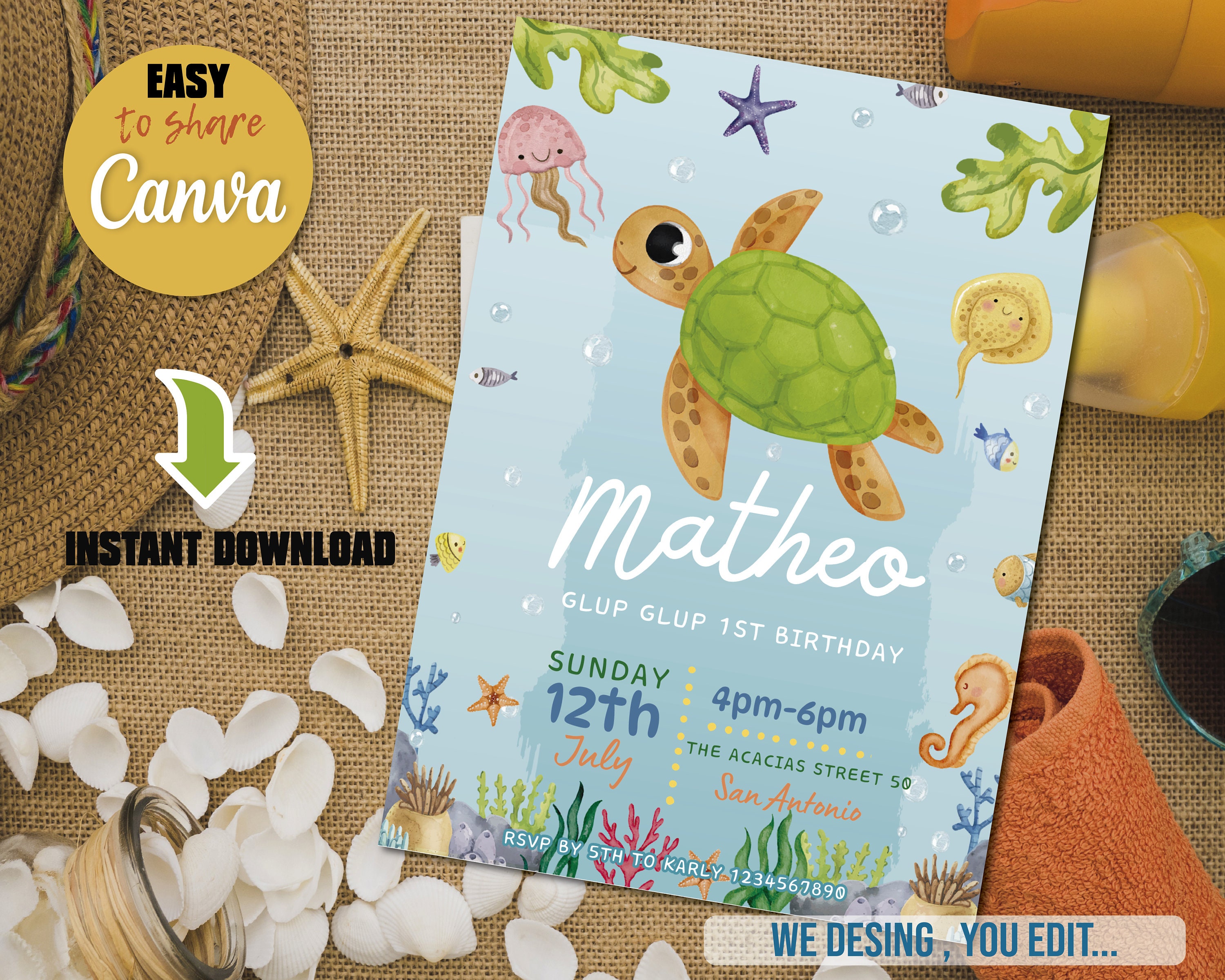 Under the Sea Birthday Invitation Cute Sea Turtle Invitation Digital ...