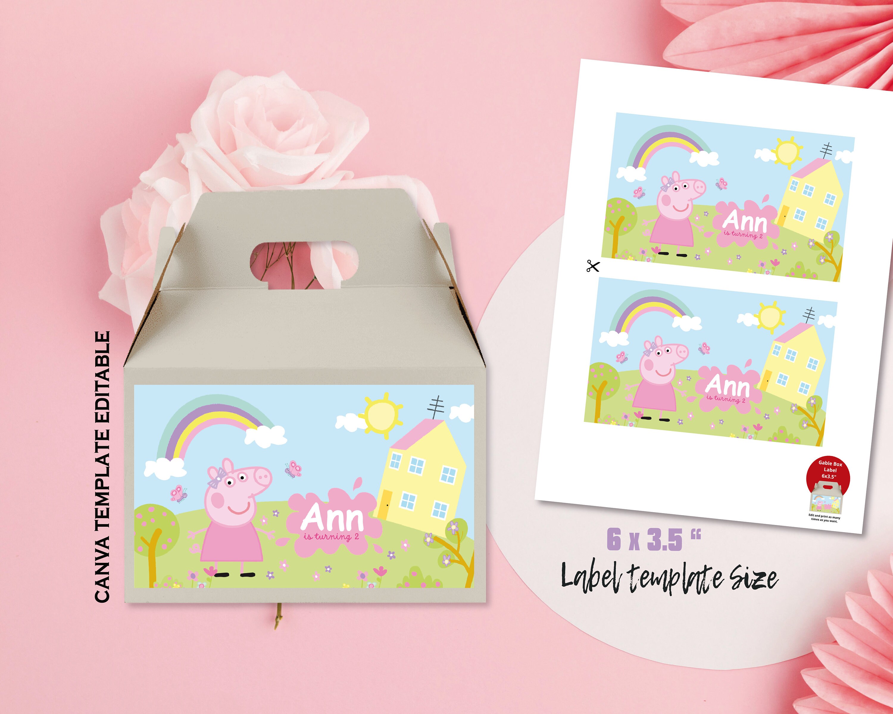 Peppa Pig Gable Box Label George Canva Template Watercolor Cute Pig ...